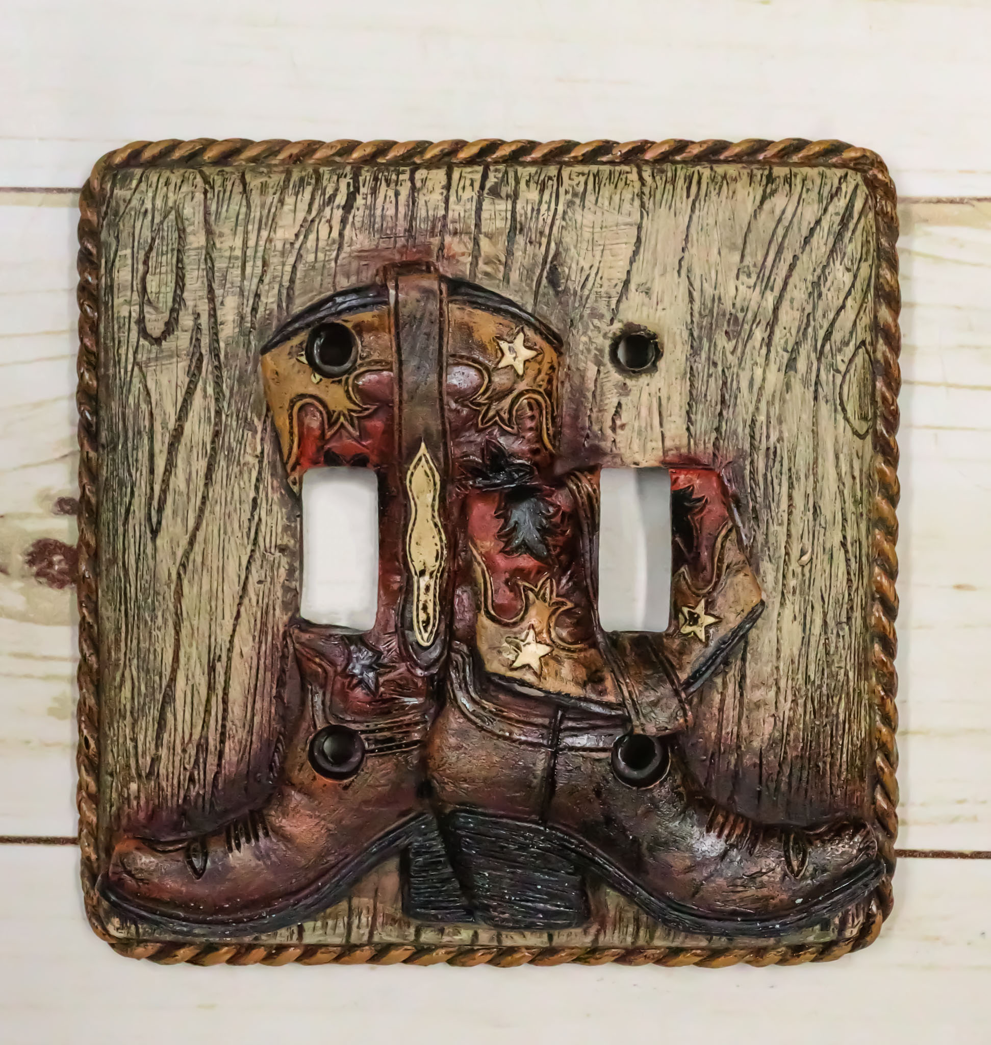 Set of 2 Rustic Western Cowboy Boots Faux Wood Wall Double Toggle ...