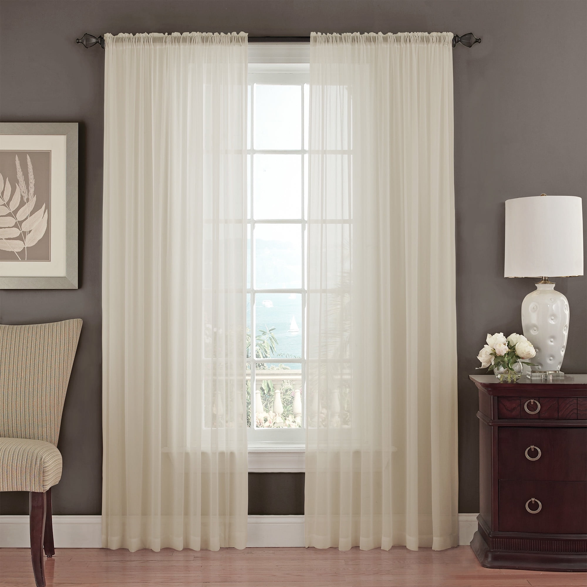 "Set of 2 Beige Sheer Voile Window Curtain Panels, 84"" Long, 55"" Wide ...