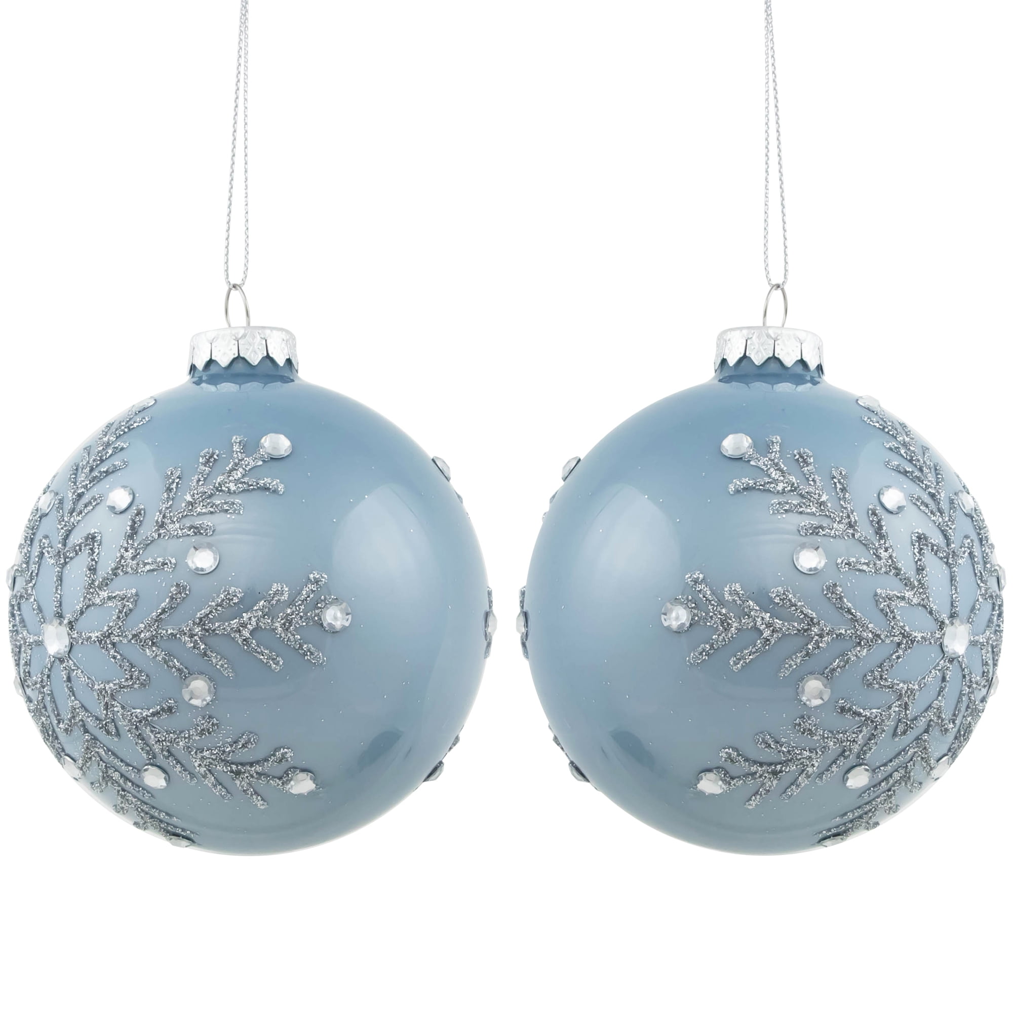 Set of 2 Shiny Stone Blue Glitter Snowflakes Glass Christmas Ball ...