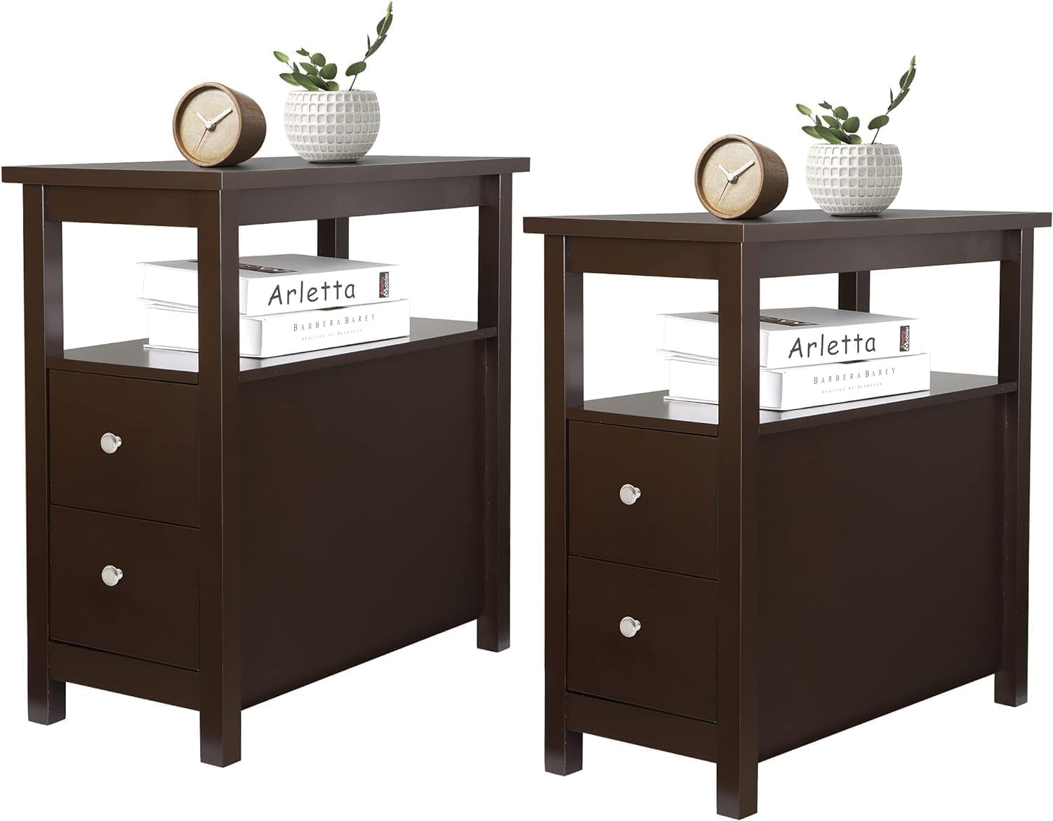 Set of 2 Side End Table with Drawers and Shelf, Multi-Functional Narrow ...