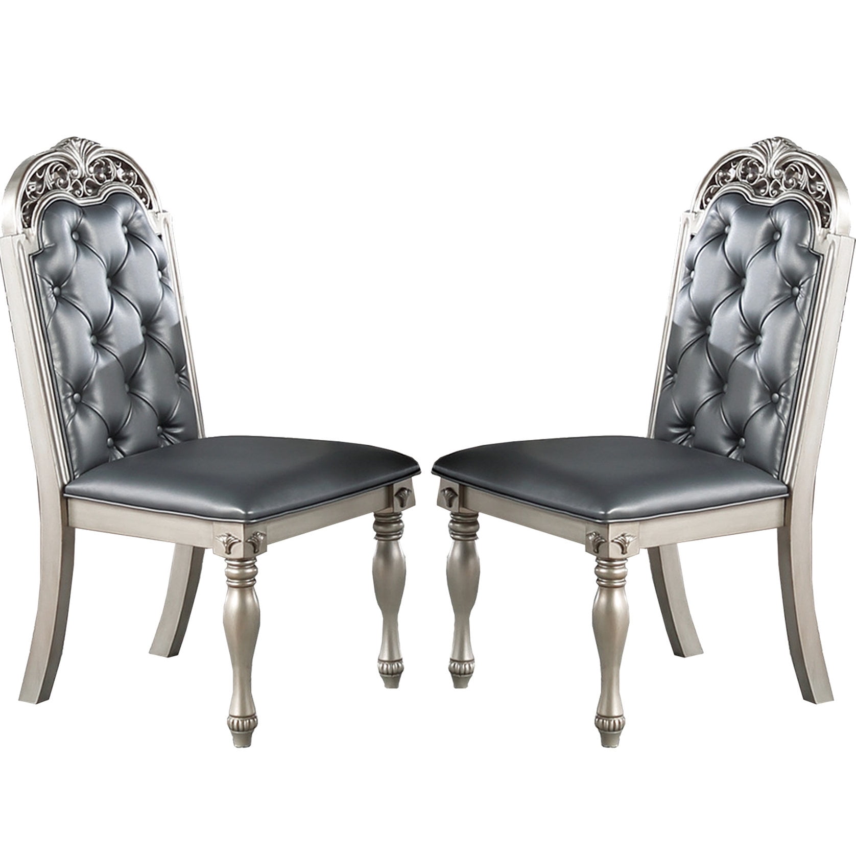 Set of 2 Silver Rectangular Chairs with Intricate Carved and Tufted ...