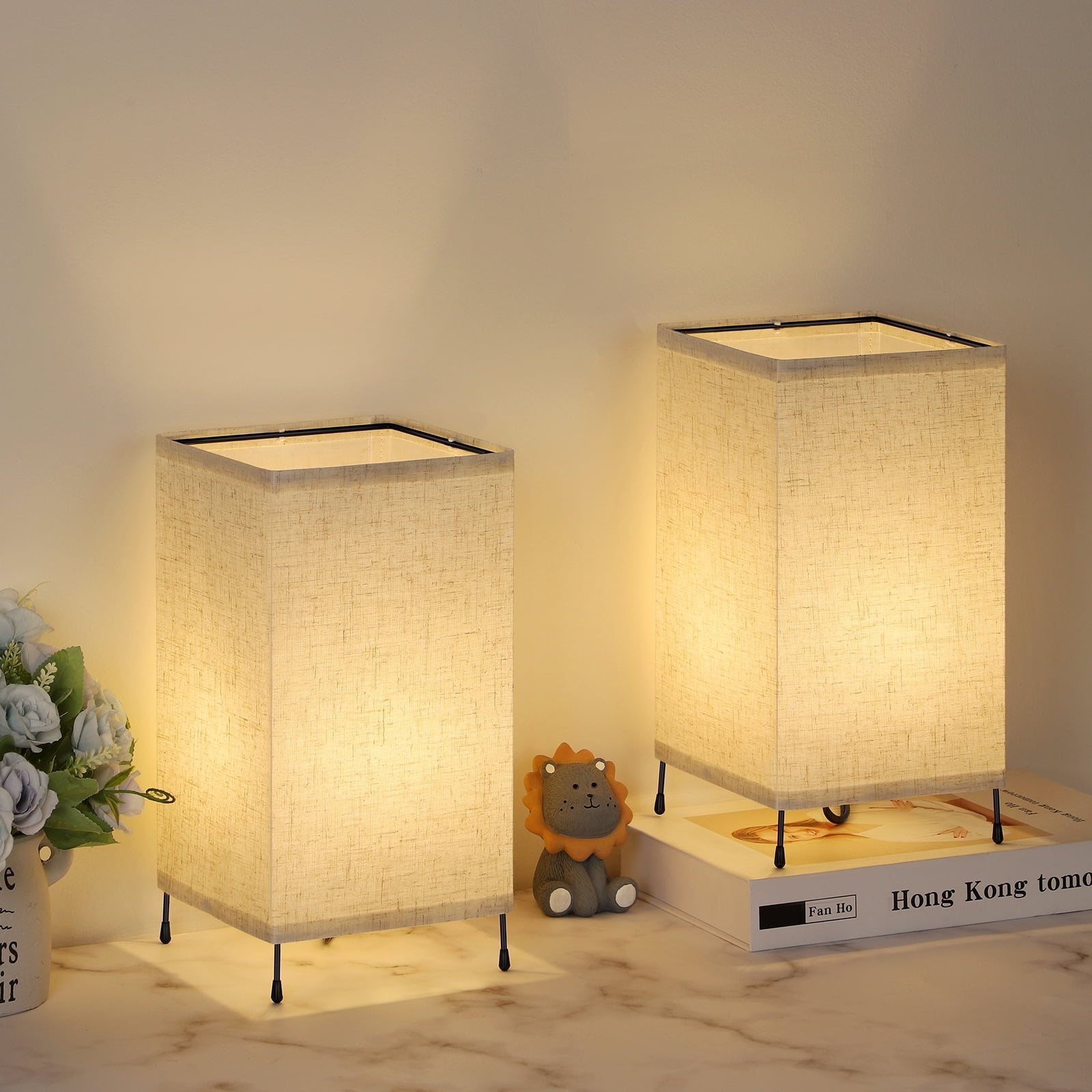 Set of 2 Small Bedside Table Lamps with Simple Metal Base Rectangle ...