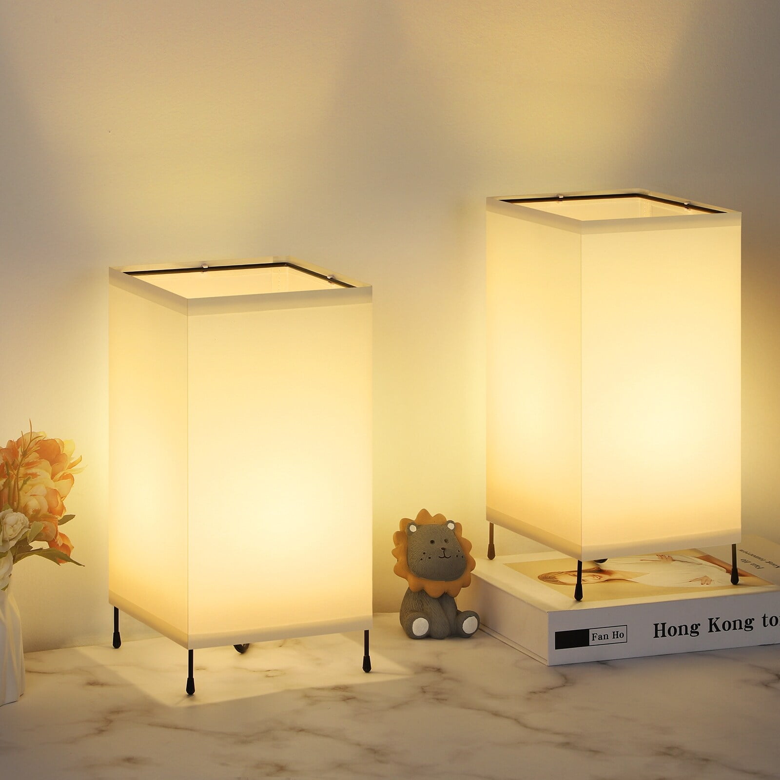 Set of 2 Small Bedside Table Lamps with Simple Metal Base Rectangle ...