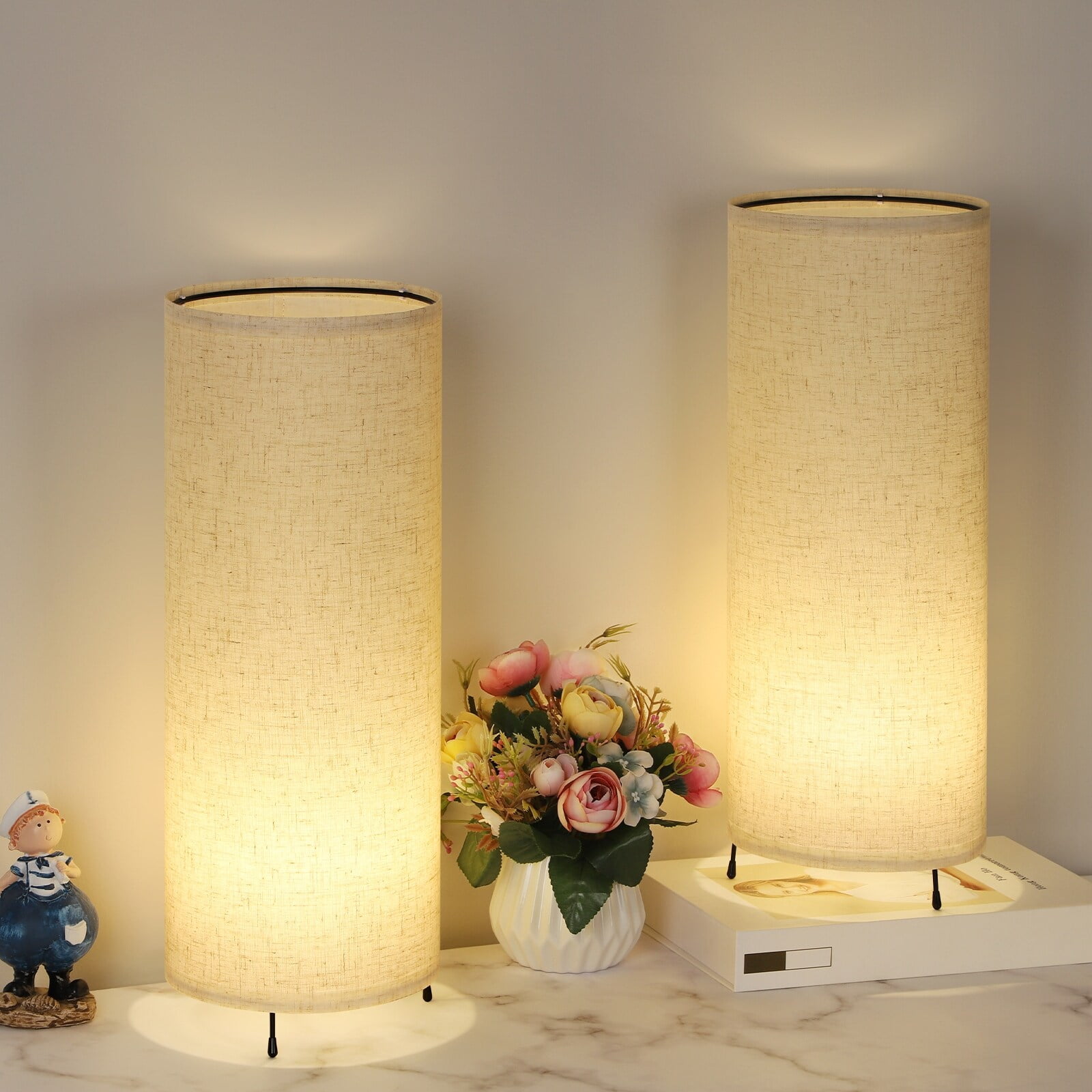 Set of 2 Small Bedside Table Lamps with Simple Metal Base Round - Linen ...