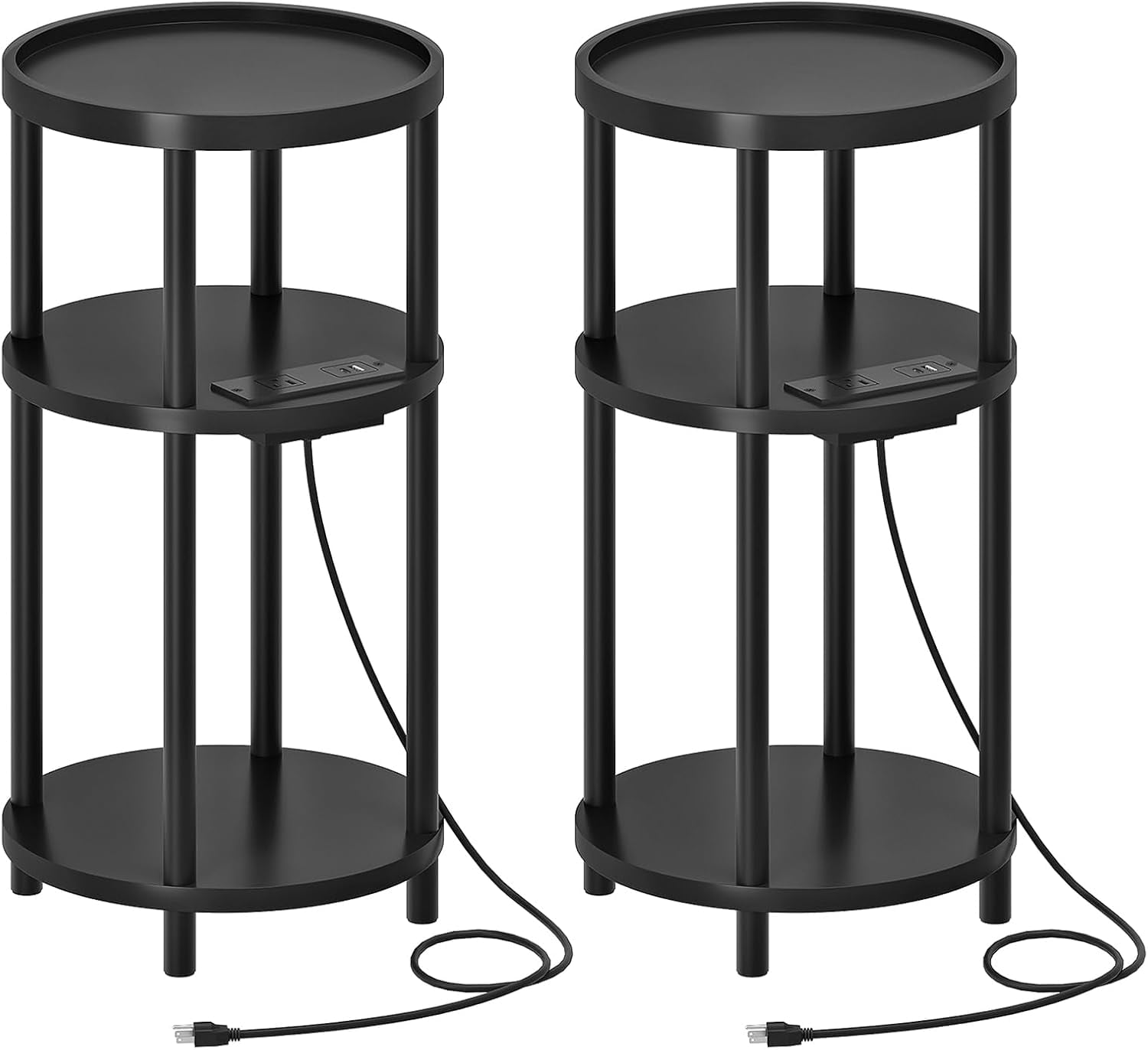 Set of 2 Small Round Side Tables with Charging Station, 3-Tier Round ...