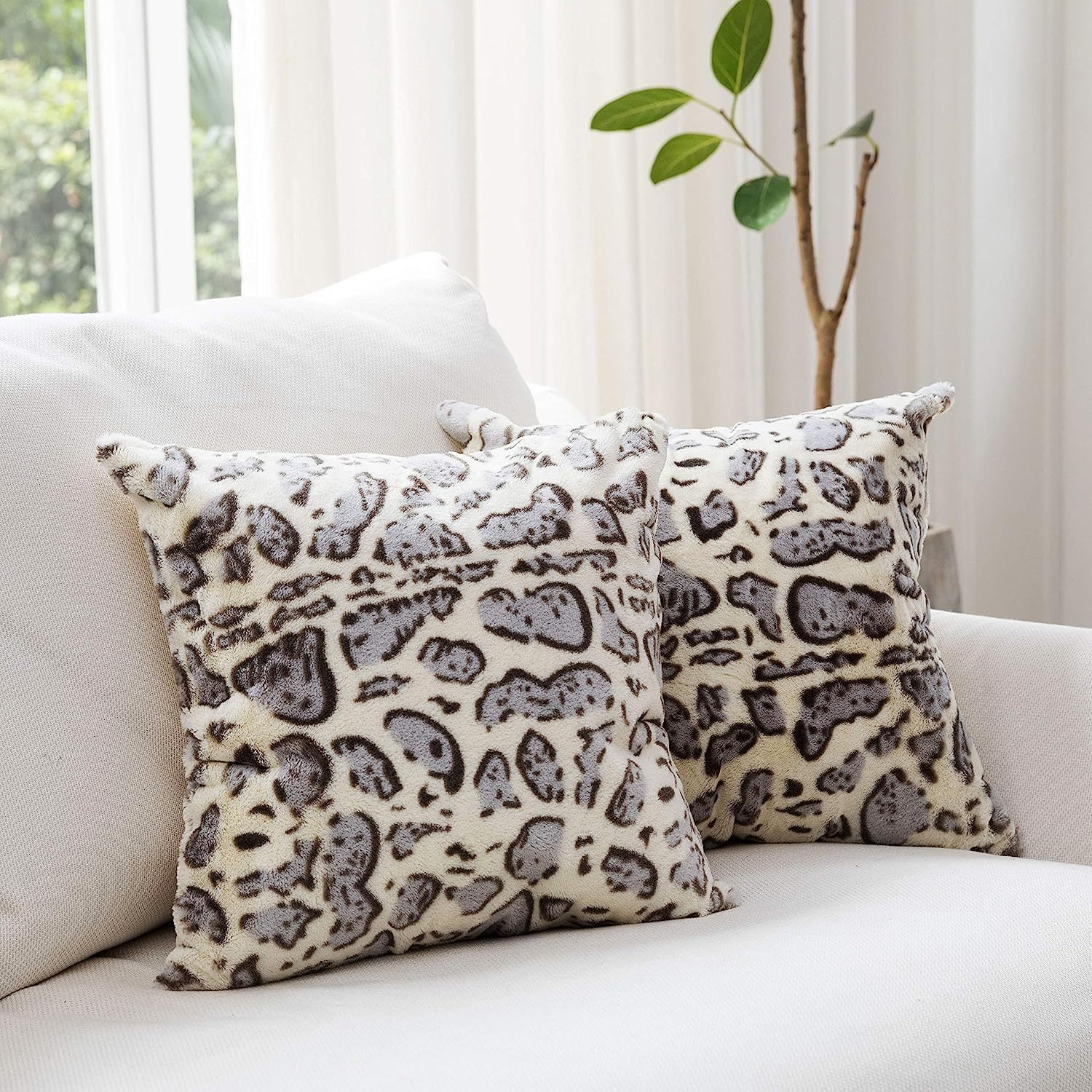 Set of 2 Snow Leopard Print Throw Pillows - Soft Faux Fur Decorative ...