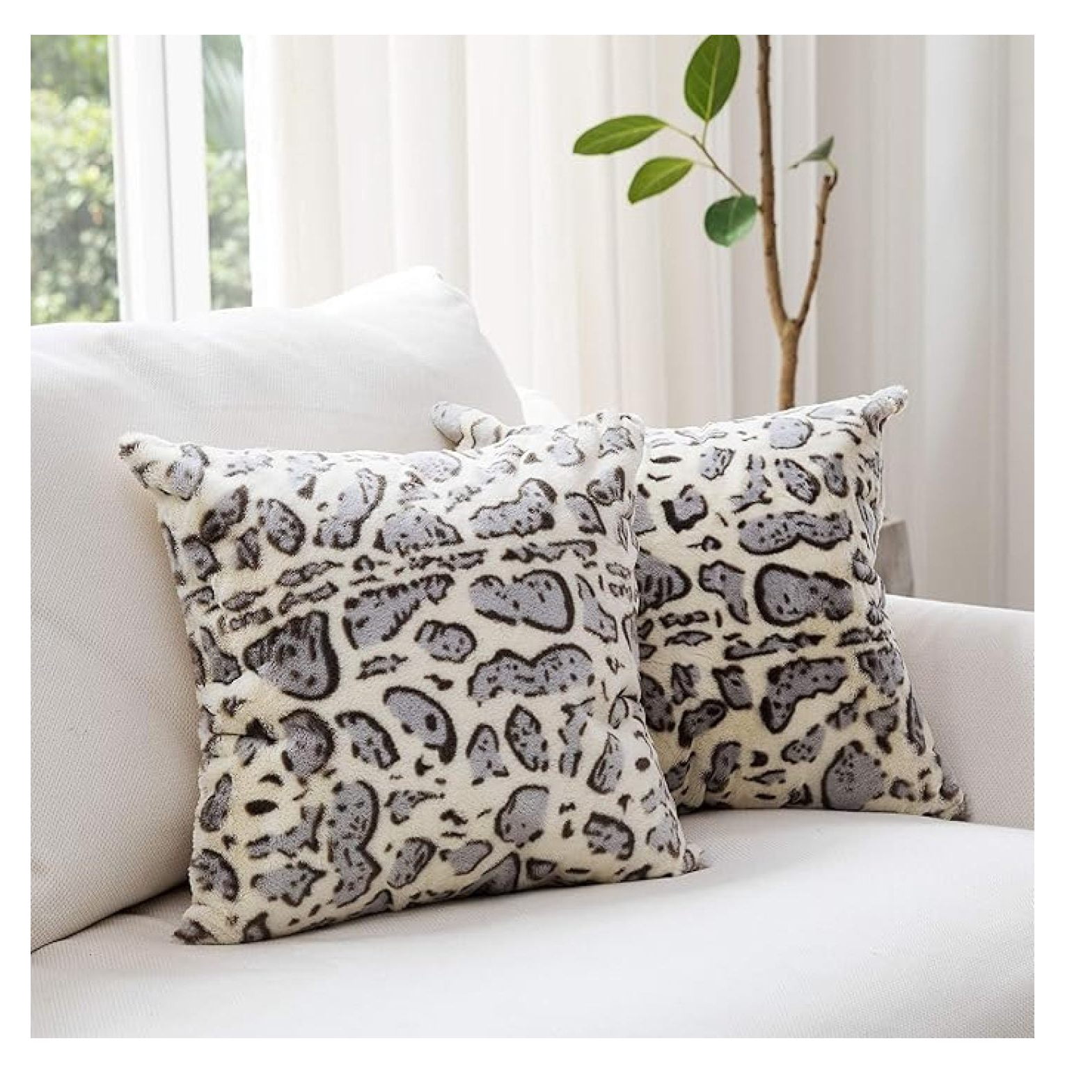 Set of 2 Snow Leopard Print Throw Pillows - Soft Faux Fur Decorative ...
