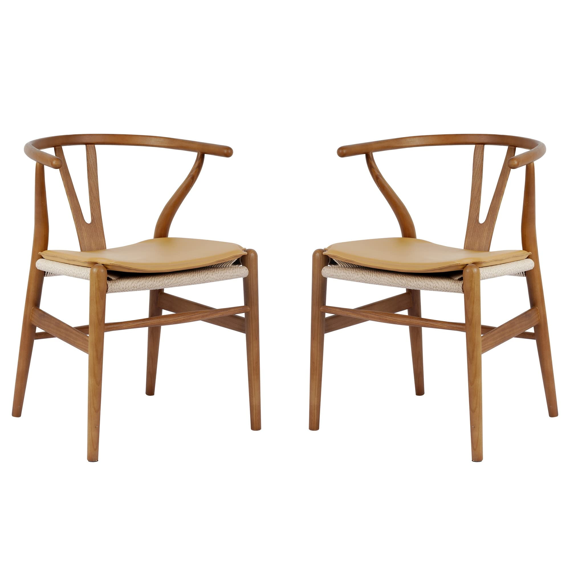 Set of 2 Solid Wood Wishbone Dining Chair with PU Soft Seat Cushion,Mid-Century Y Back Weave ...