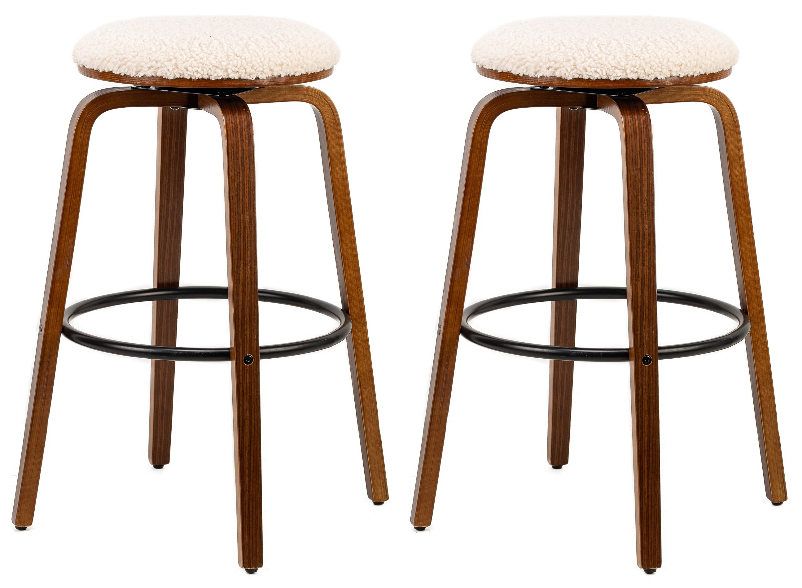 Set of 2 Solid Wood and White Boucle Bar Stools Modern Design Style ...