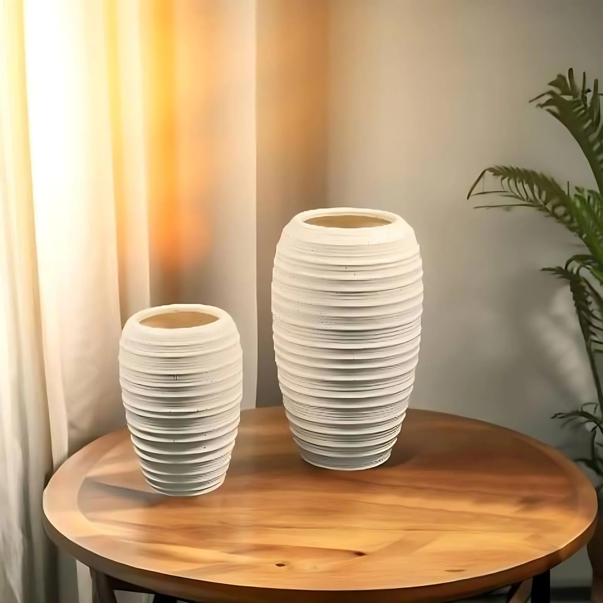 Flattened Circular Shaped Ceramic Vase W/ Hammered Design Silver ...