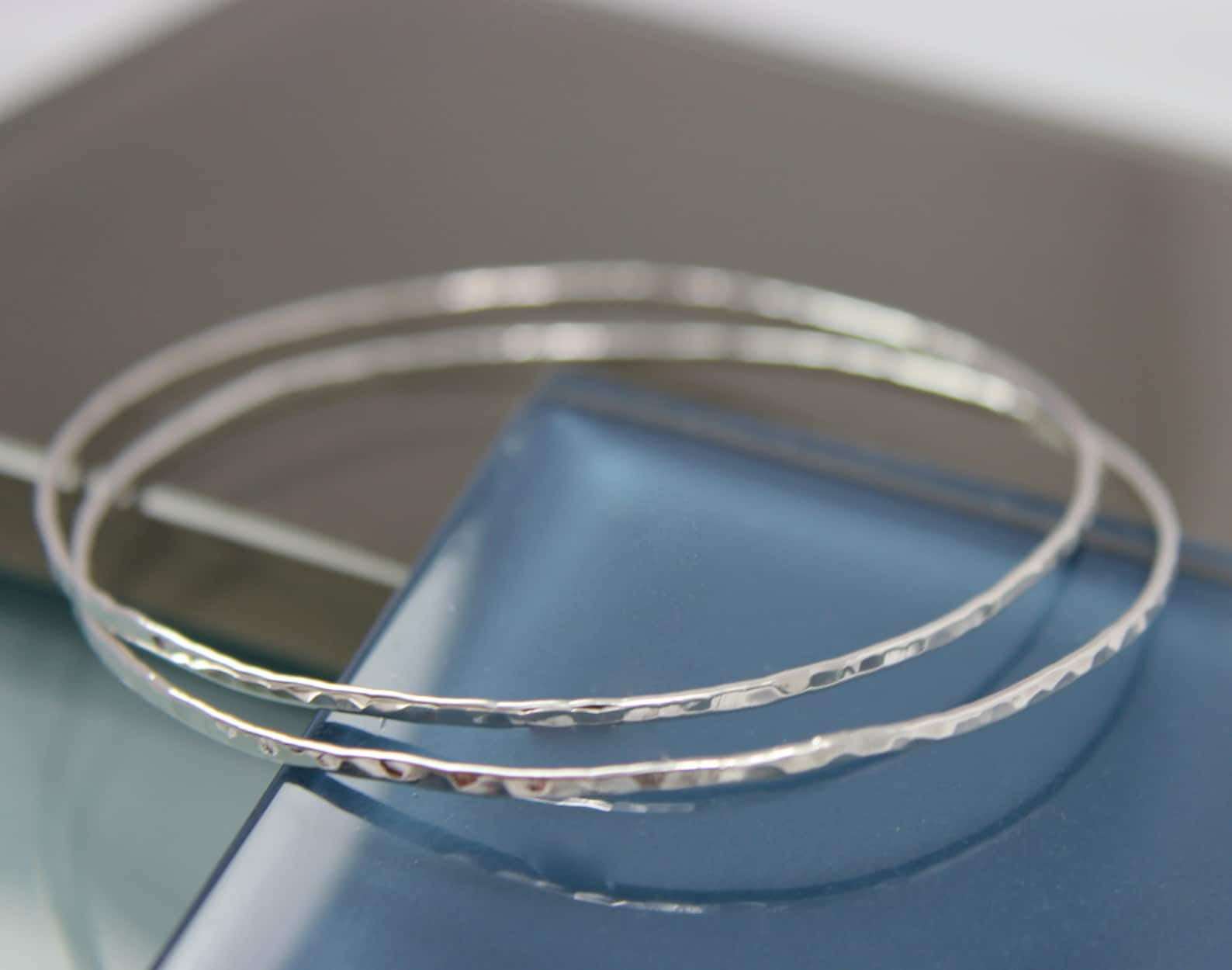 Set of 2 Sterling Silver Sparkle Bangle Hand Forged Hammer Texture ...