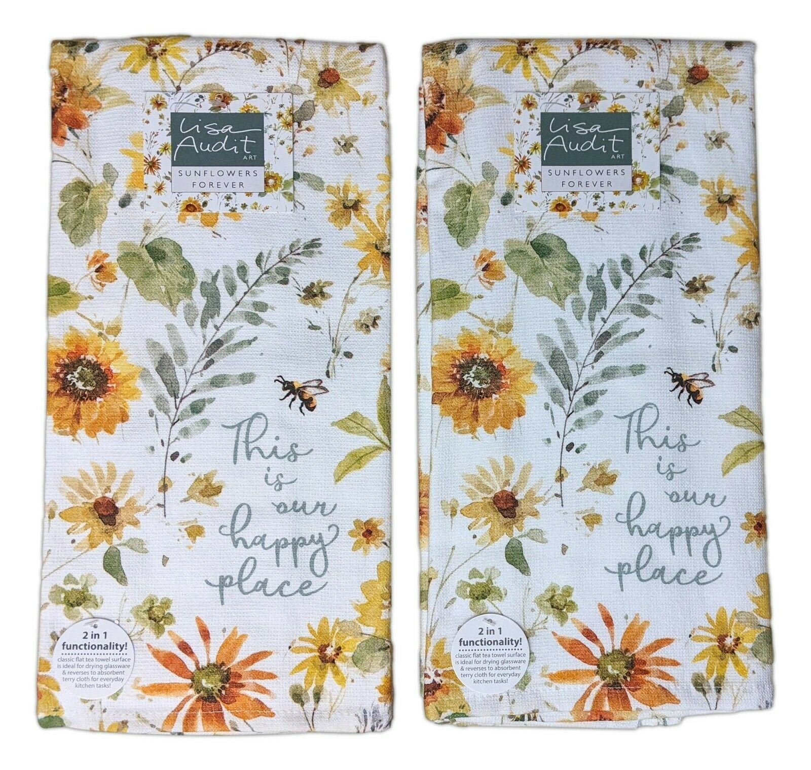 Set of 2 Sunflowers OUR HAPPY PLACE Terry Kitchen Towels by Kay Dee ...