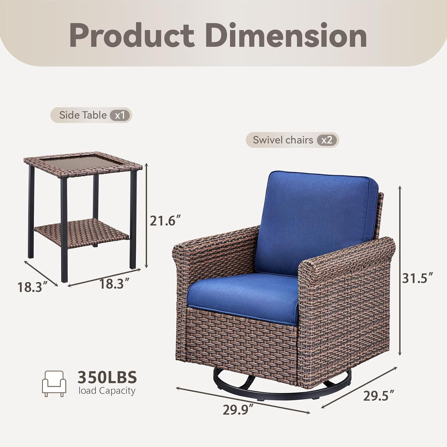 Set of 2 Swivel Rocker Chairs with Rattan Side Table, 3 Piece Outdoor ...