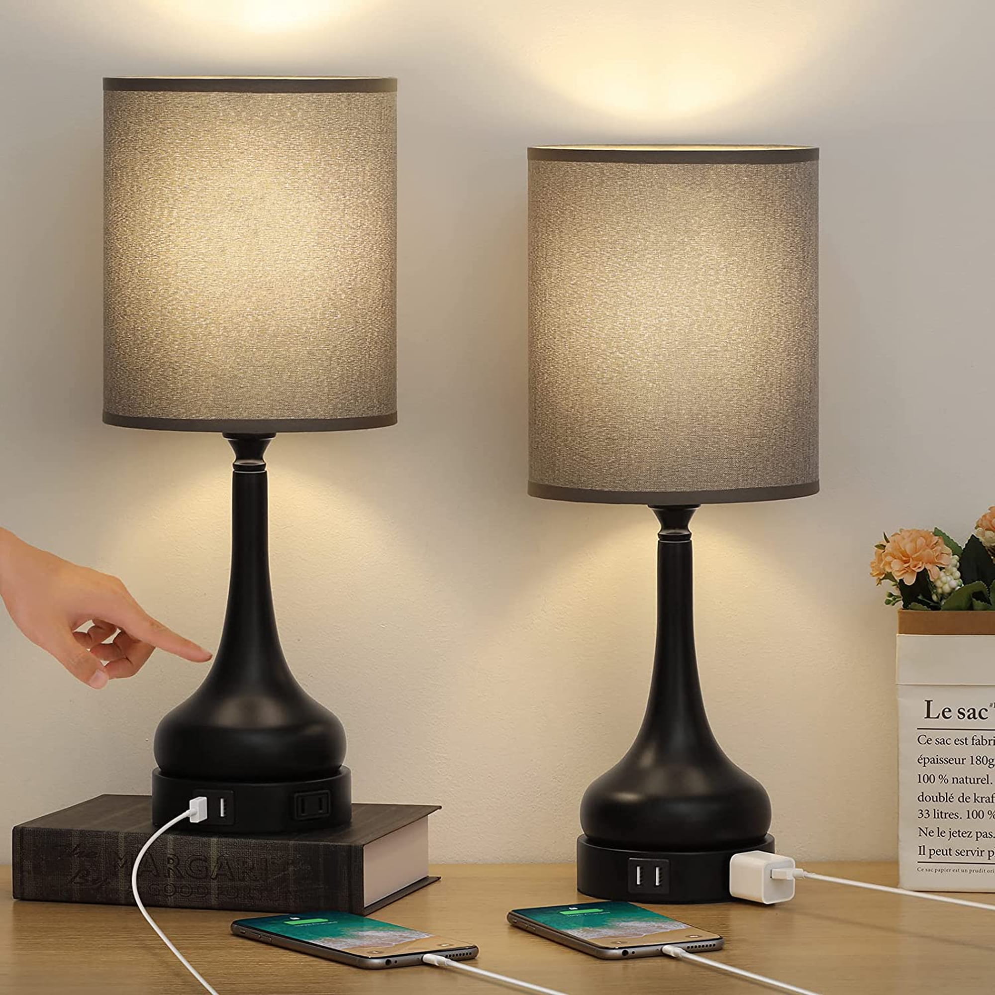 Set of 2 Table Lamp Touch Nightstand Bedside Lamps Dual USB Port for ...