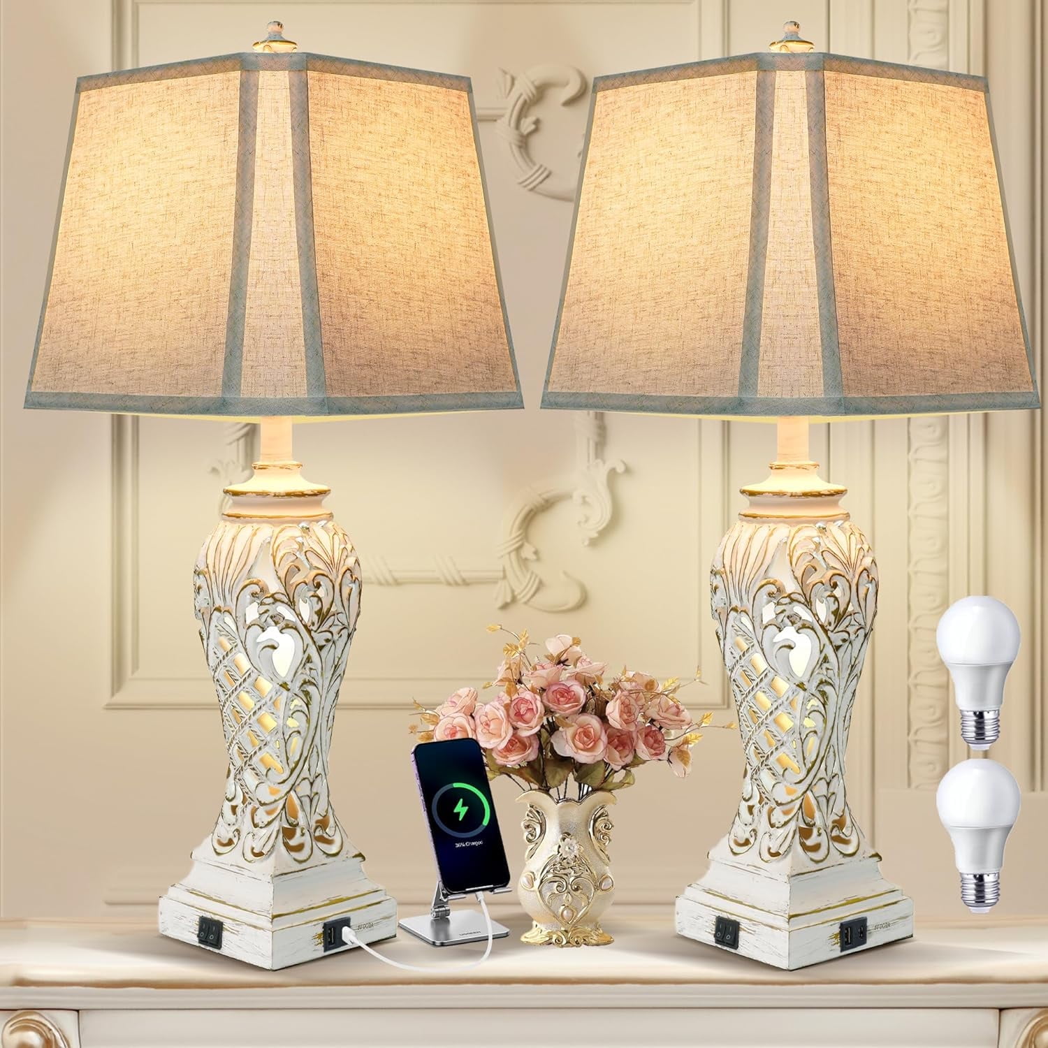 Set of 2 Table Lamps for Bedroom Living Room, Bedside Lamp with Fabric ...