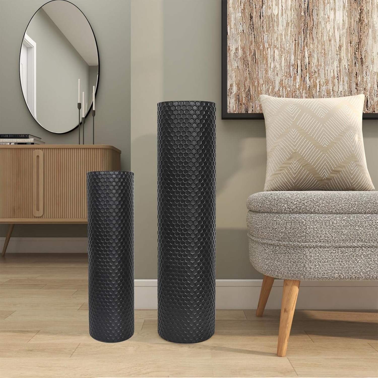 Set of 2 Tall Black Cylinder Vases - 27" & 21" Modern Floor Vases with ...