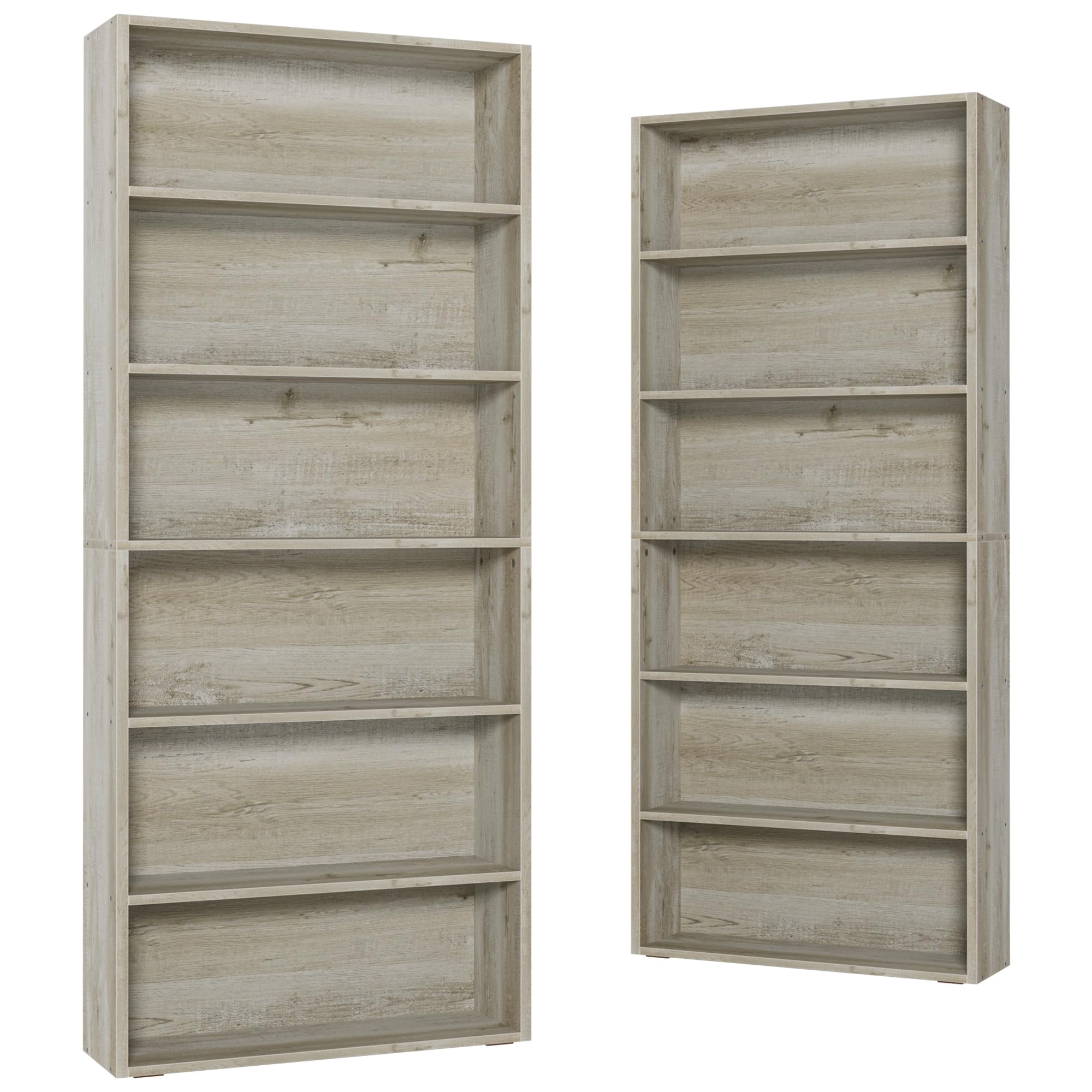 Set of 2 Tall Bookcases 70 Inches, 6 Tier Floor Standing Bookshelves ...