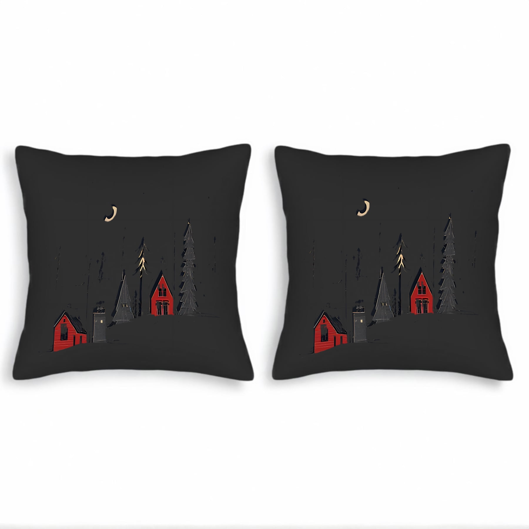 Set of 2 Throw Pillow Covers 18x18in - Nighttime Scene with Pine Trees ...