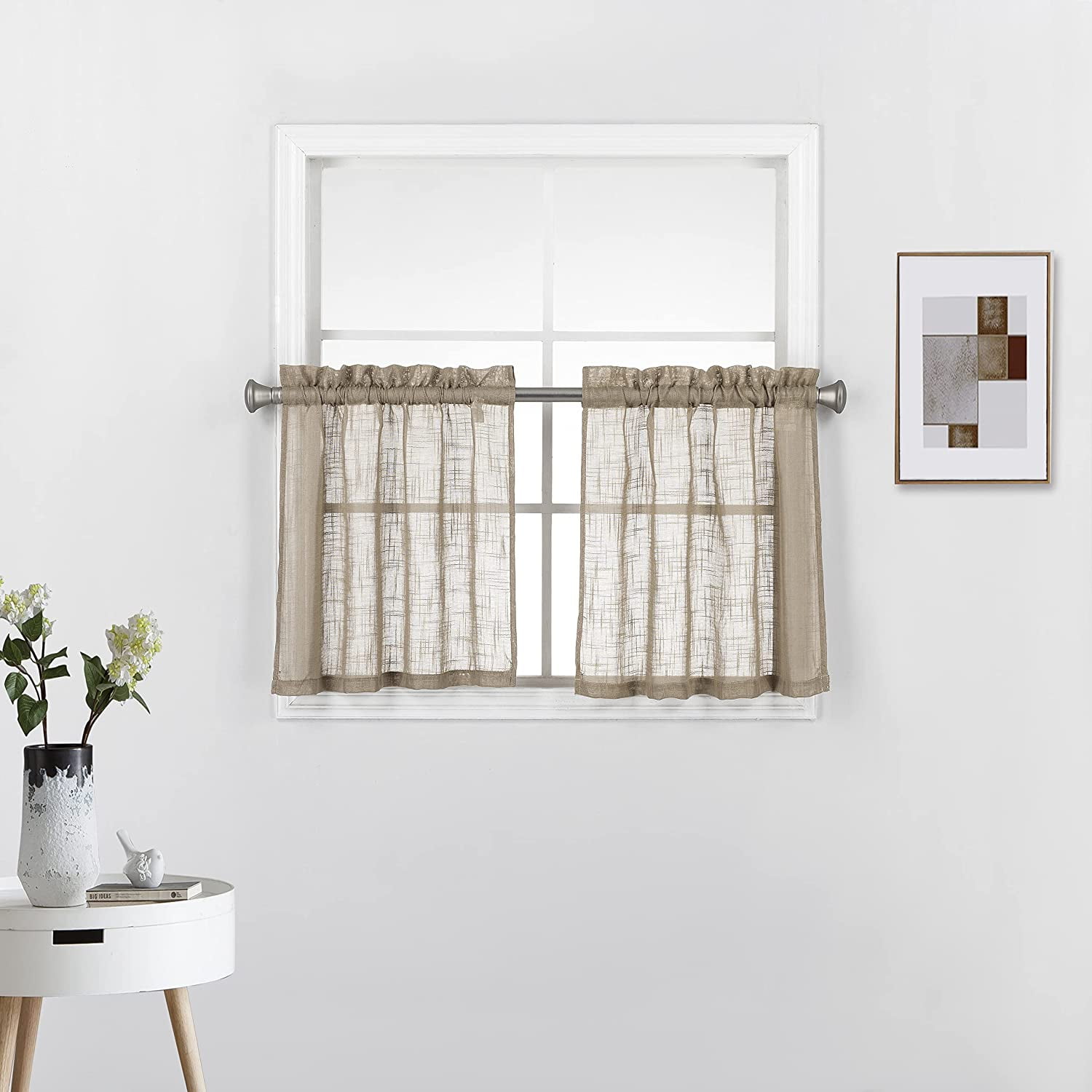 Set of 2 Tier Panels Faux Linen Curtain Privacy Protection Window ...
