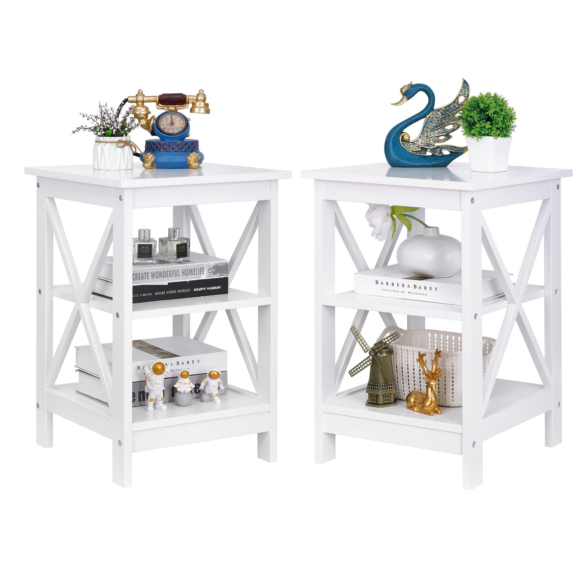 Set of 2 Tiered End Tables with Storage Shelves, X-Design Small Side ...
