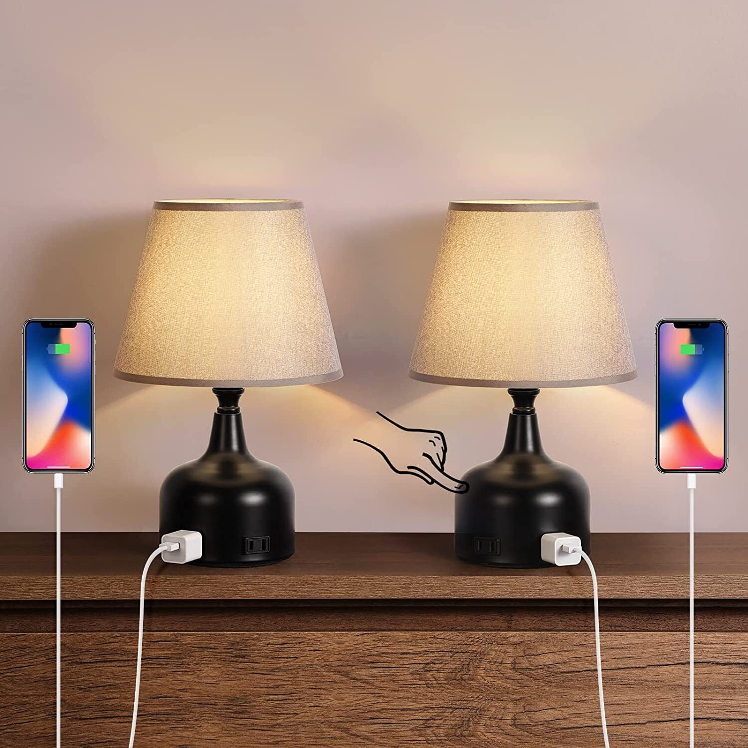 Set of 2 Touch Control Table Lamps Bedroom Grey Bedside Lamp with Dual ...