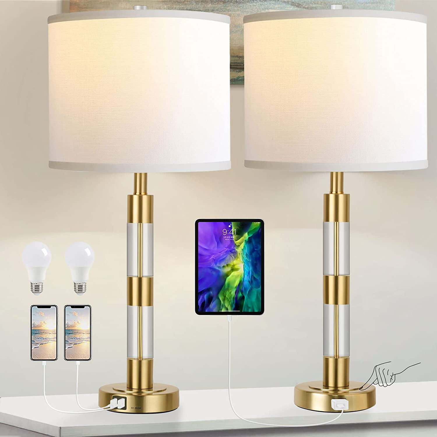 Set of 2 Touch Table Lamps,3 Way Dimmable with 2 USB Ports - Walmart.com