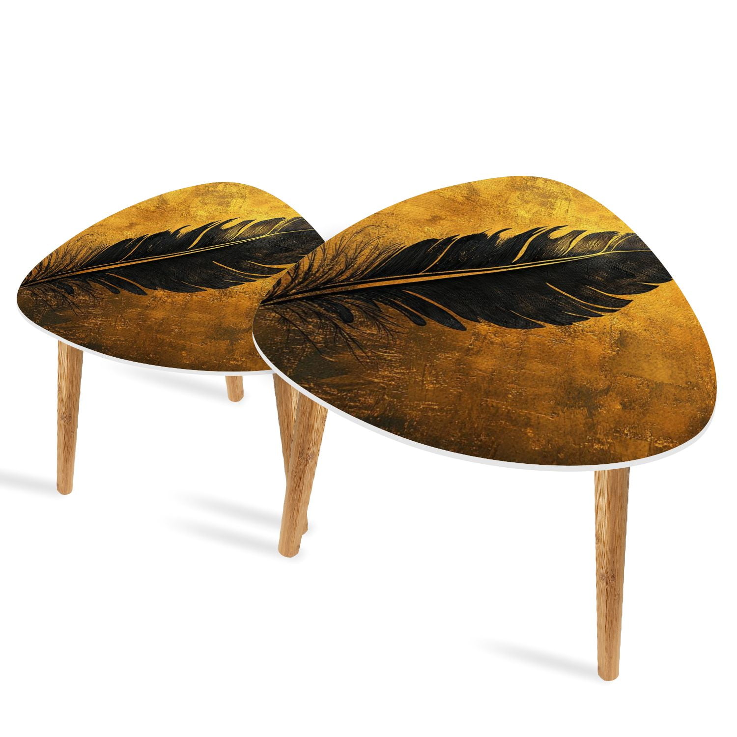Set of 2 Triangle End Table Abstract Feather Gold Lines Background ...