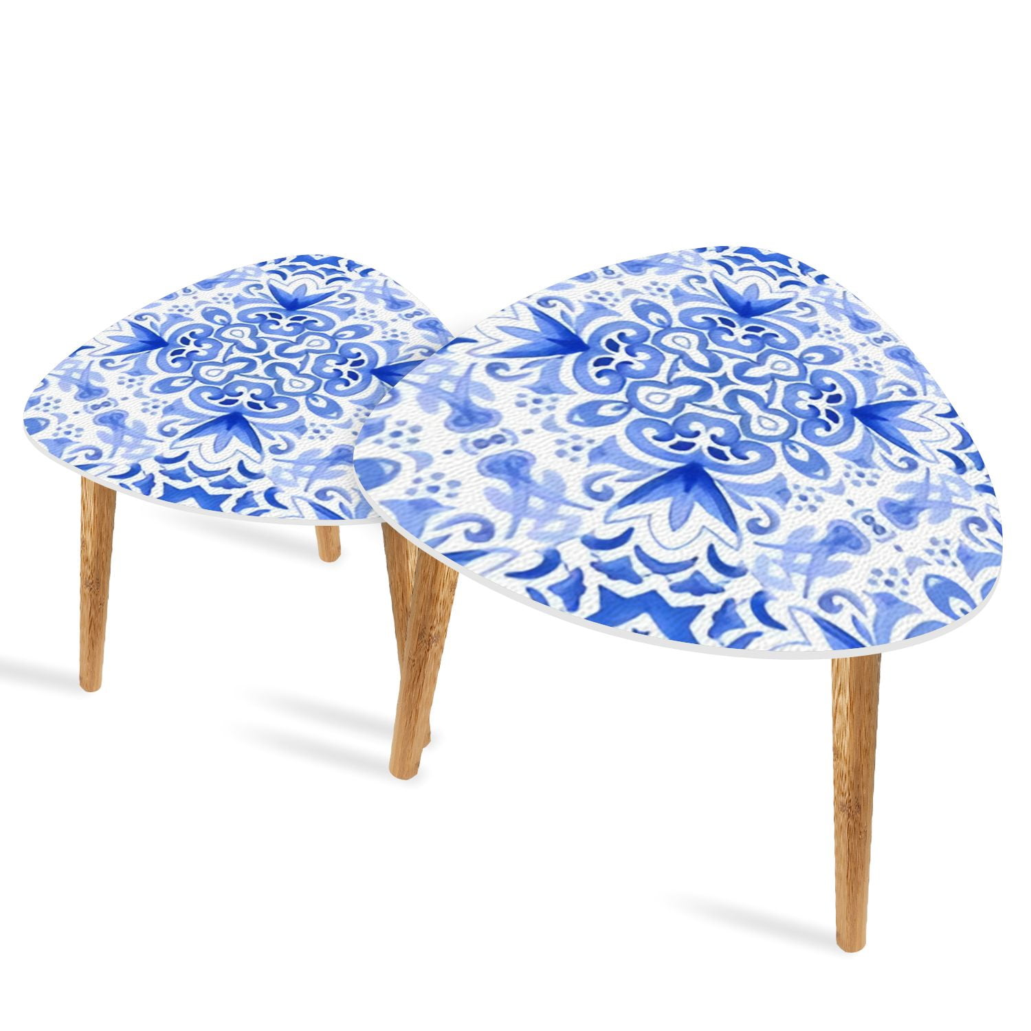 Set of 2 Triangle End Table Abstract blue white hand drawn tile ...