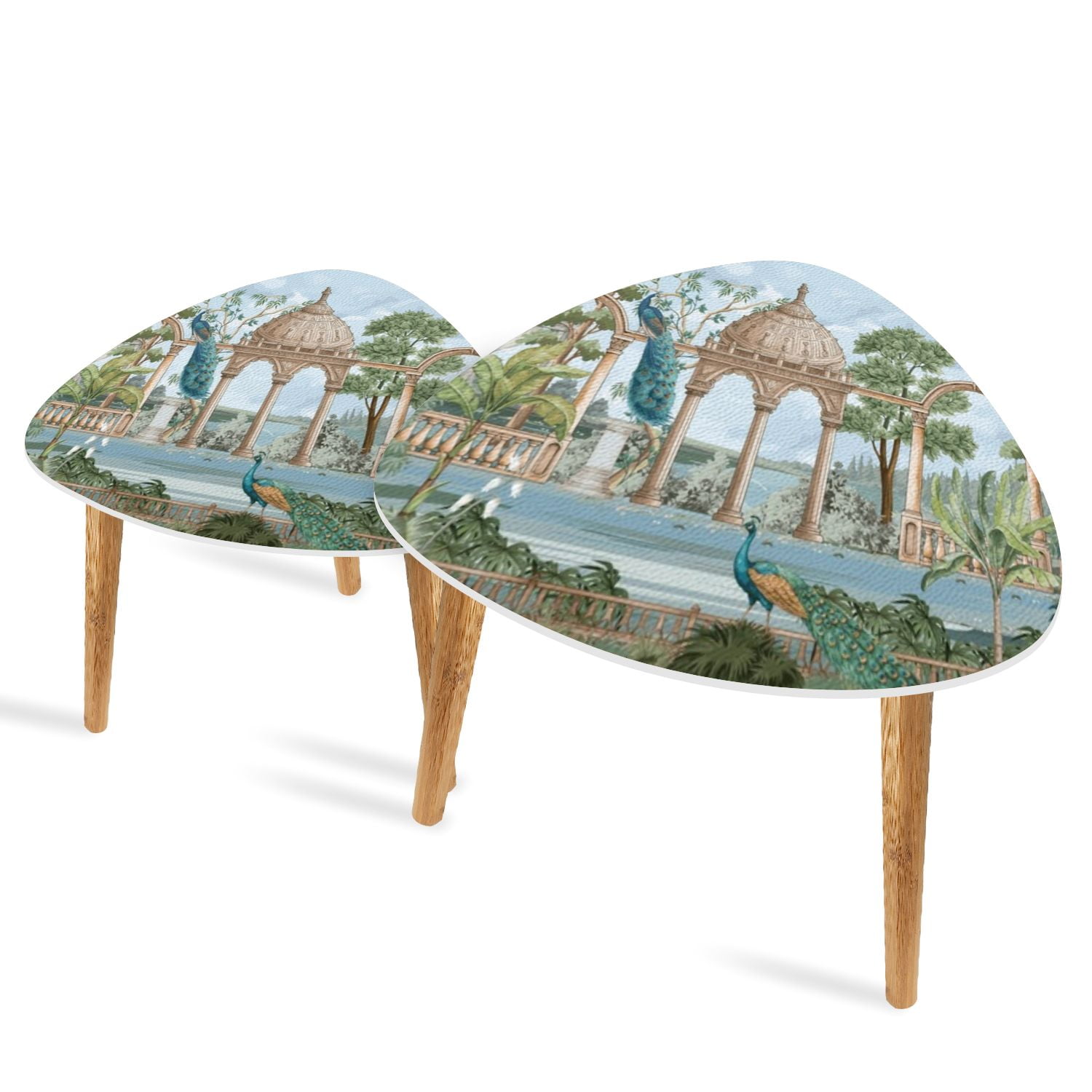 Set of 2 Triangle End Table Ancient Greek arches garden temple parrot ...