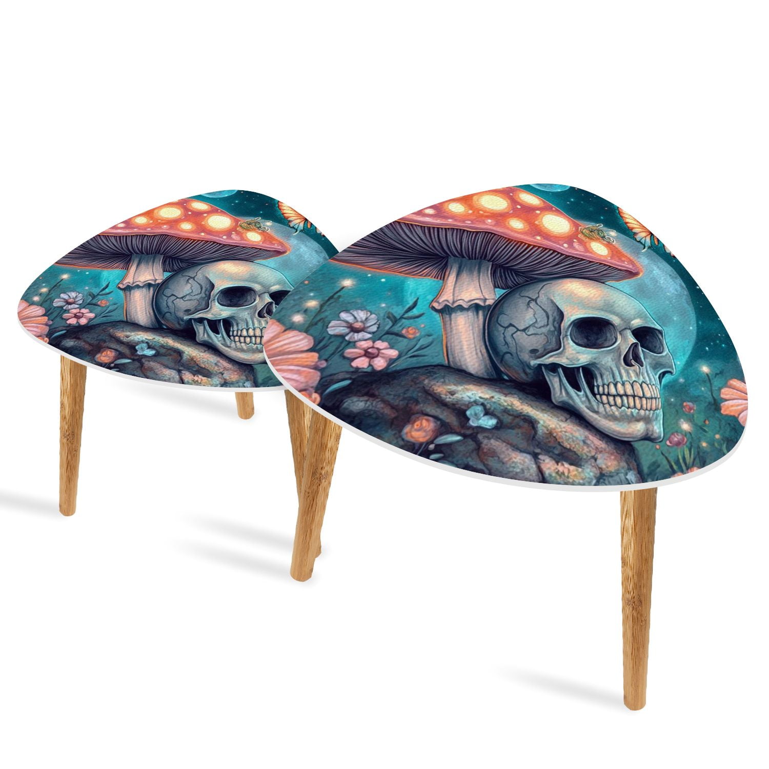 Set of 2 Triangle End Table Blacklight Skull Butterfly UV Mushroom Set ...