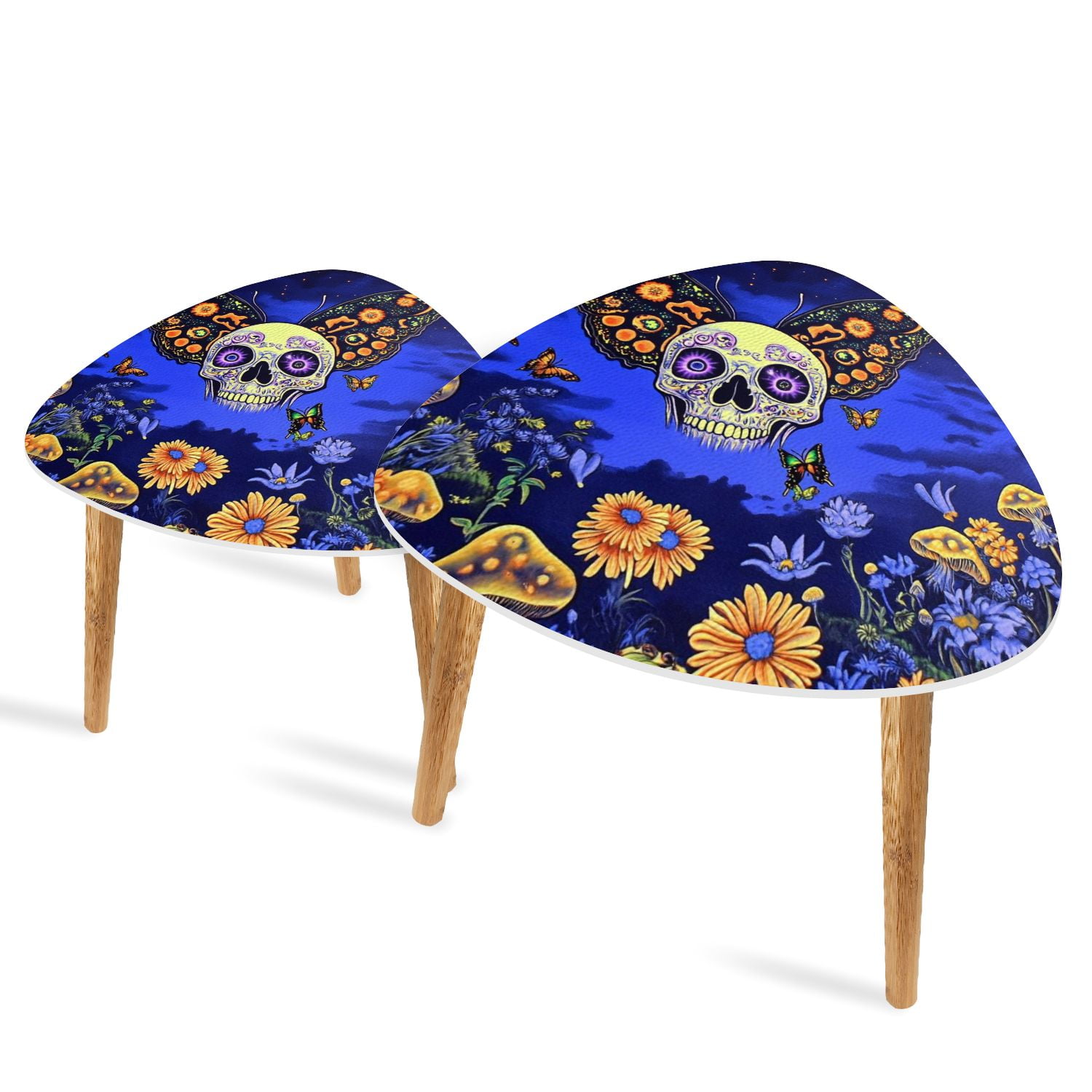 Set of 2 Triangle End Table Blacklight Skull Butterfly UV Mushroom Set ...