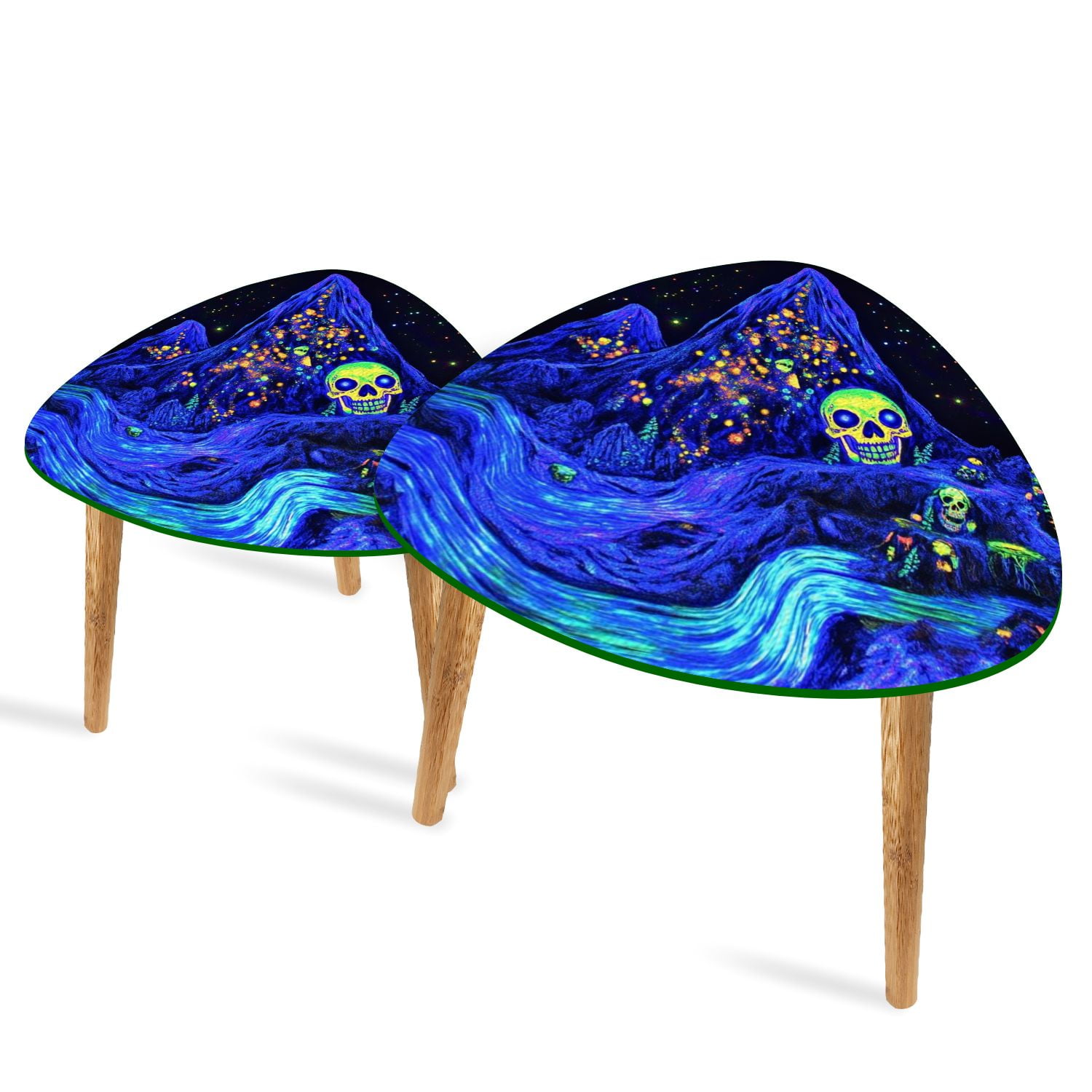 Set of 2 Triangle End Table Blacklight Skull Mountain UV Galaxy Set of ...