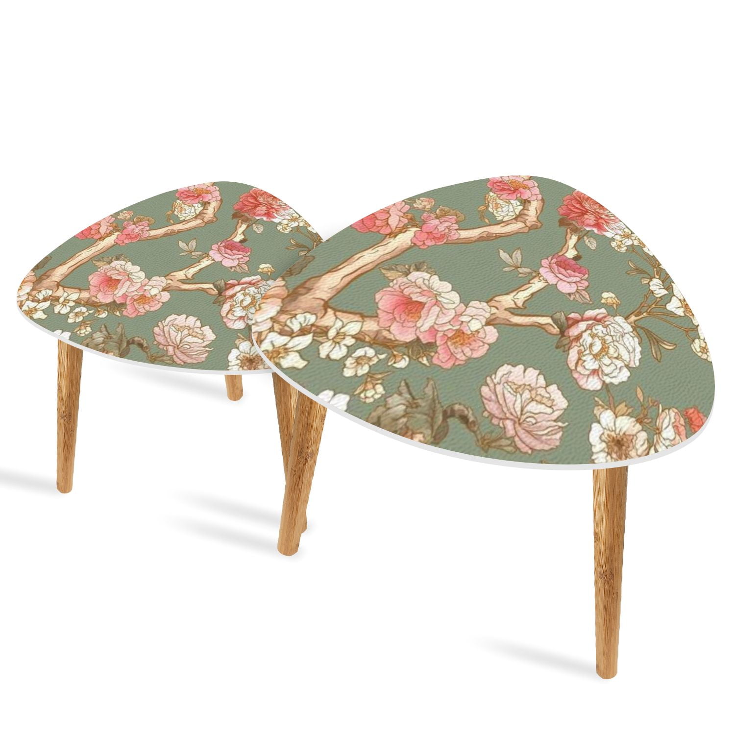 Set of 2 Triangle End Table Blossom trees rose peony chrysanthemum Seamless Set of 2 Side Tables ...