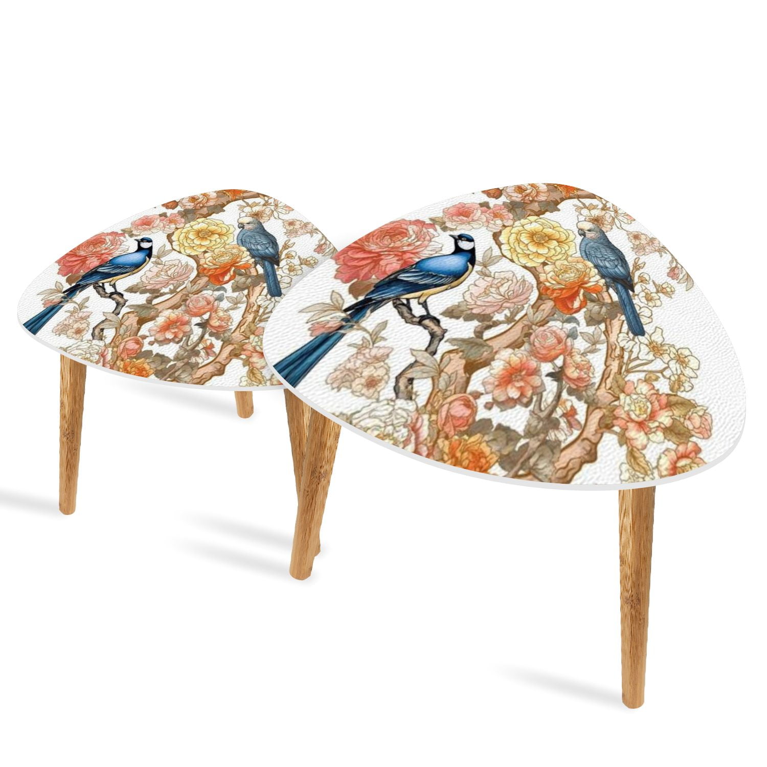 Set of 2 Triangle End Table Blossom trees sparrow parrots Seamless ...