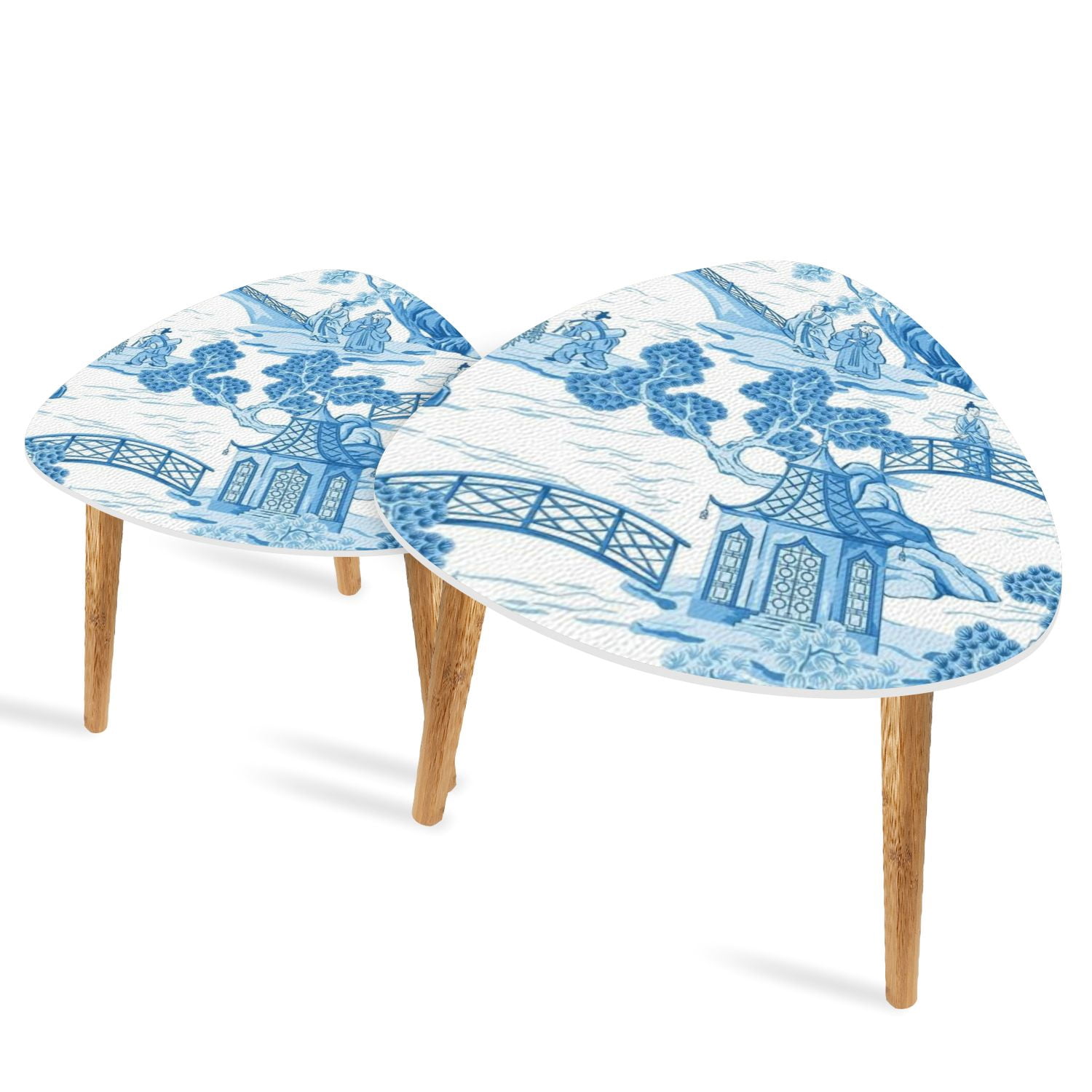 Set of 2 Triangle End Table Blue Chinese pagoda people water trees ...