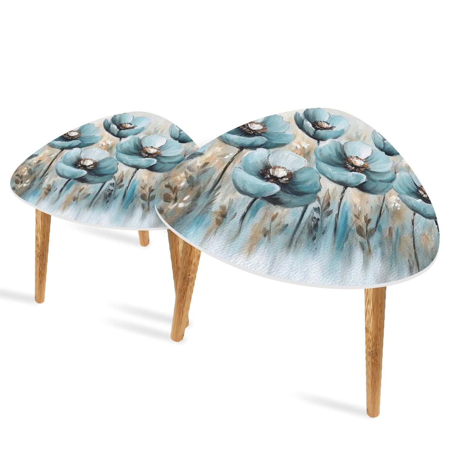 Set of 2 Triangle End Table Blue Flower Modern Floral Wall Decor ...