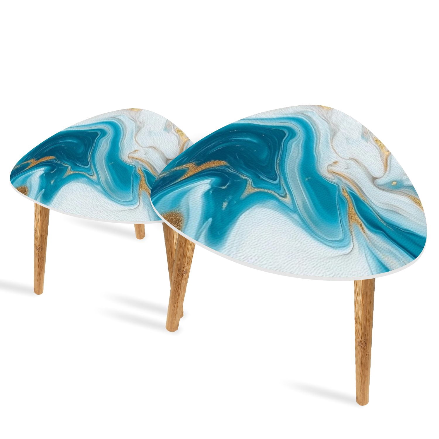 Set of 2 Triangle End Table Blue Gold Marble Abstract White Modern ...
