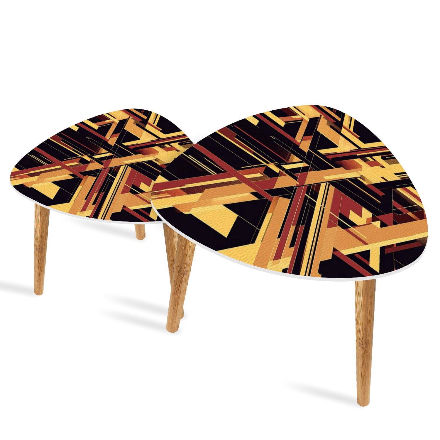 Set of 2 Triangle End Table Boho Neutral Modern Abstract Black Beige ...