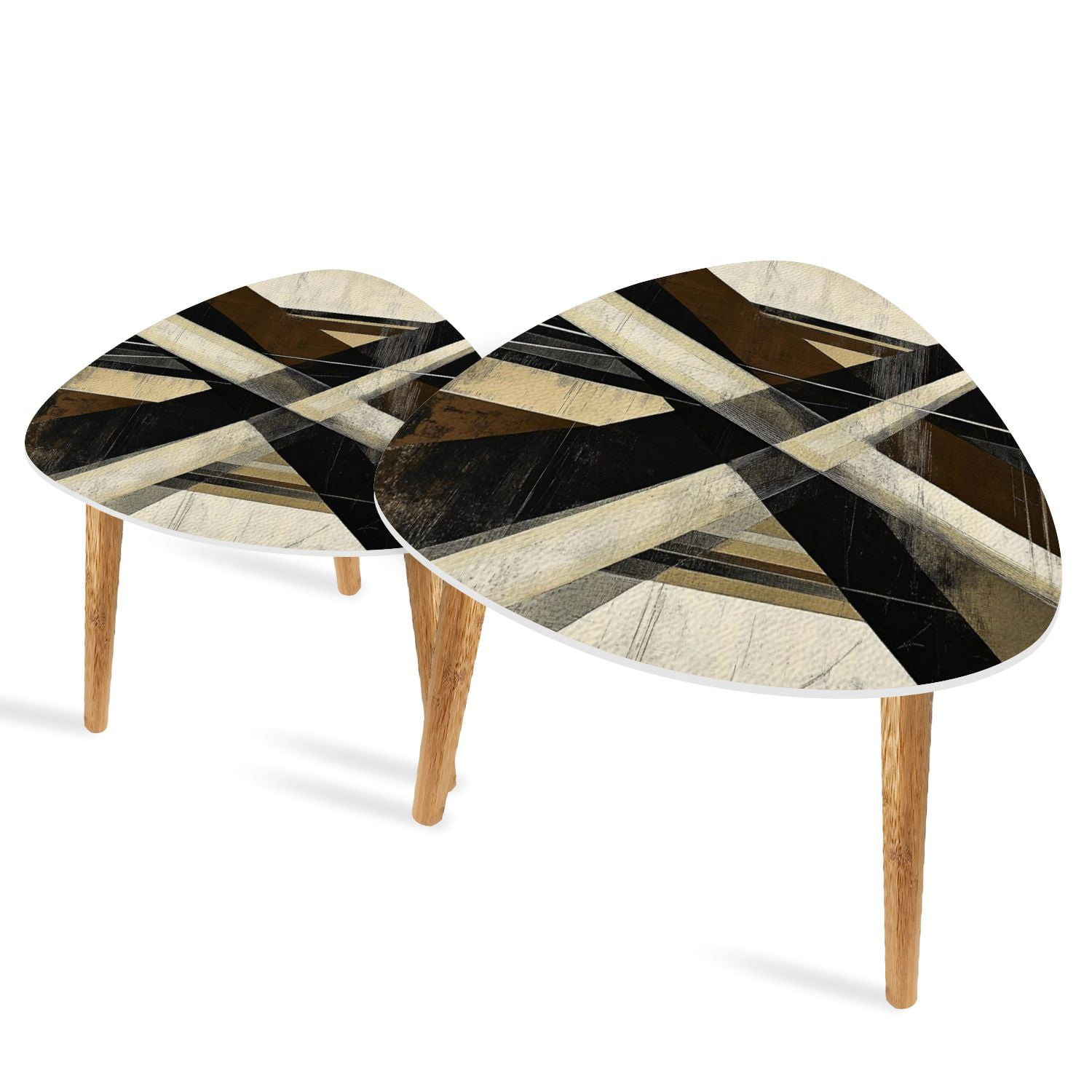 Set of 2 Triangle End Table Boho Neutral Modern Abstract Black Beige ...