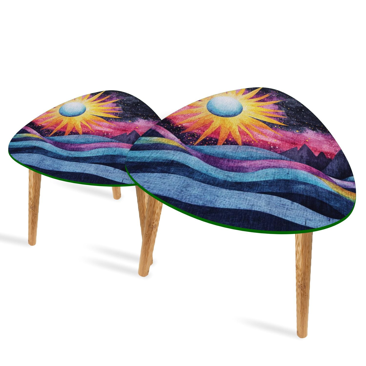 Set of 2 Triangle End Table Boho Rainbow Sun Blacklight Home Room Set ...