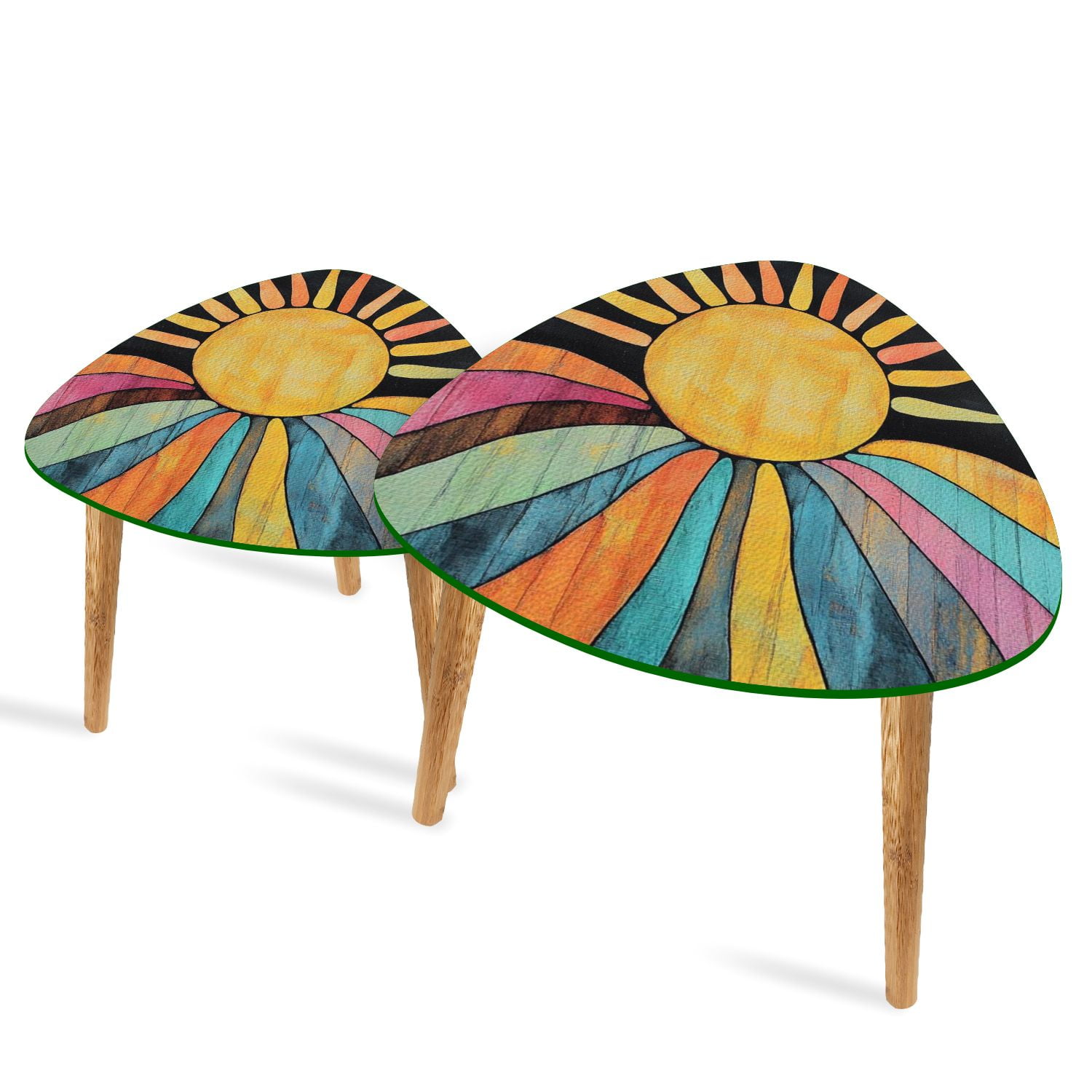 Set of 2 Triangle End Table Boho Rainbow Sun Blacklight Home Room Set ...