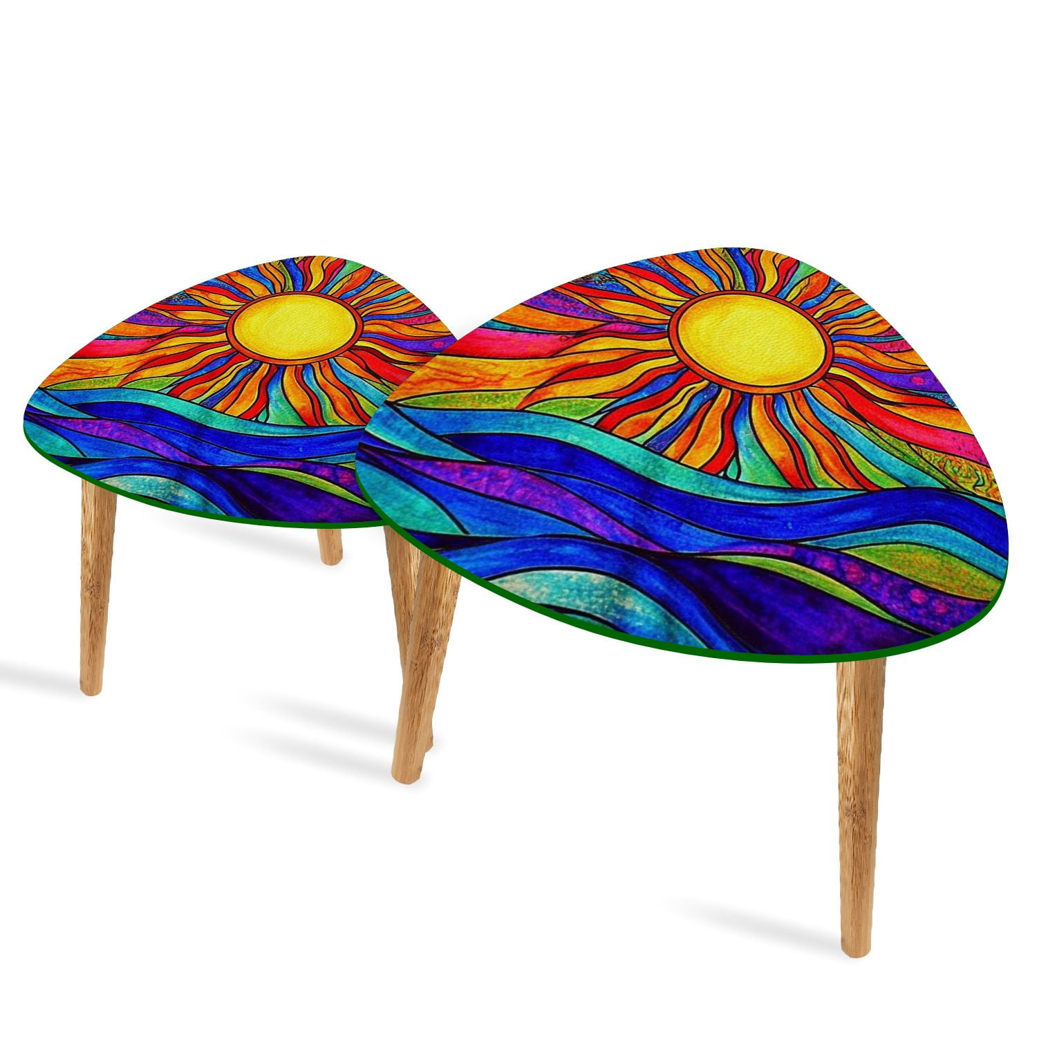 Set of 2 Triangle End Table Boho Rainbow Sun Blacklight Home Room Set ...