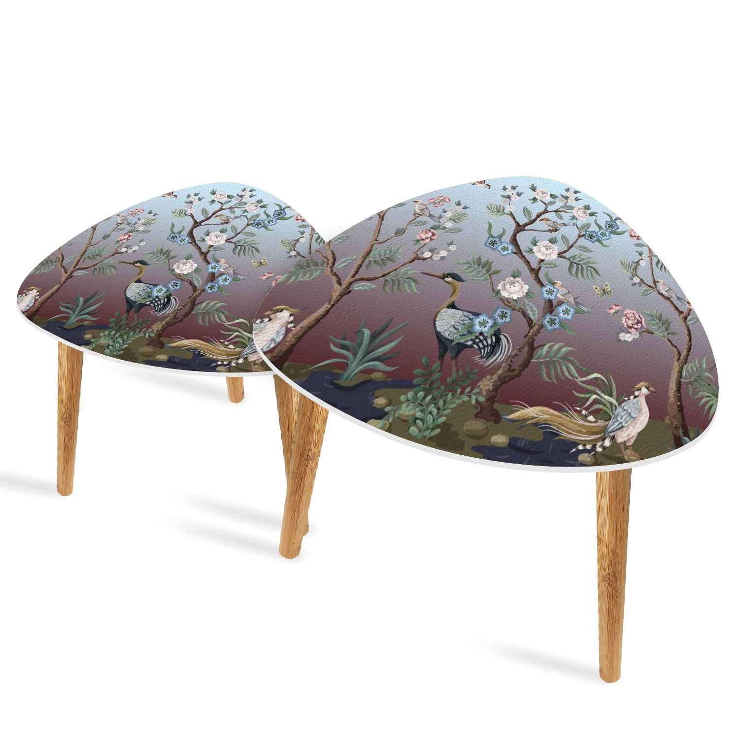 Set of 2 Triangle End Table Border chinoiserie style herons peonies Set ...