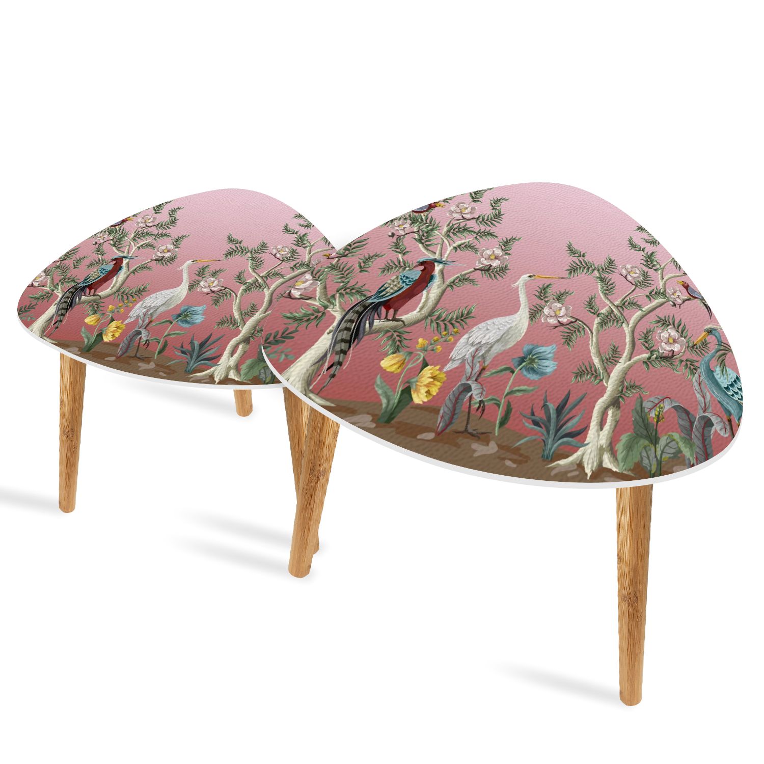 Set of 2 Triangle End Table Border chinoiserie style peonies birds ...