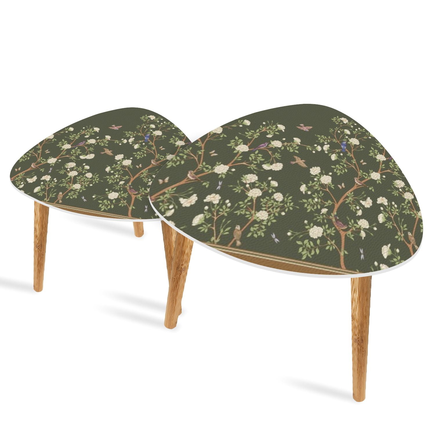 Set of 2 Triangle End Table Camellia blossom tree With sparrow finches ...