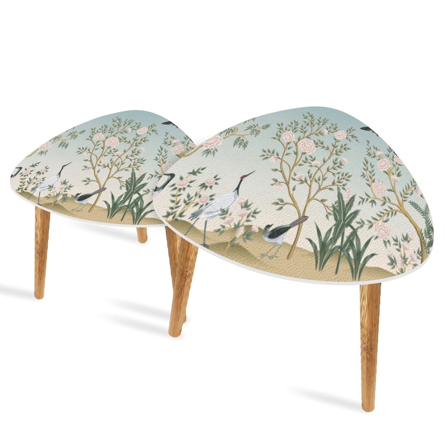Set of 2 Triangle End Table Chinese rose tree plants birds mural ...