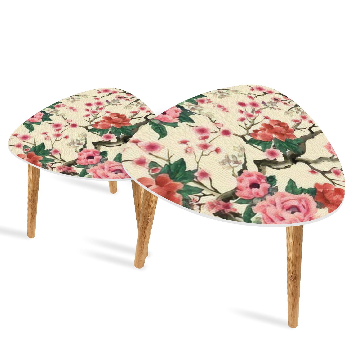 Set of 2 Triangle End Table Chinoiserie peony flowers Watercolor ...