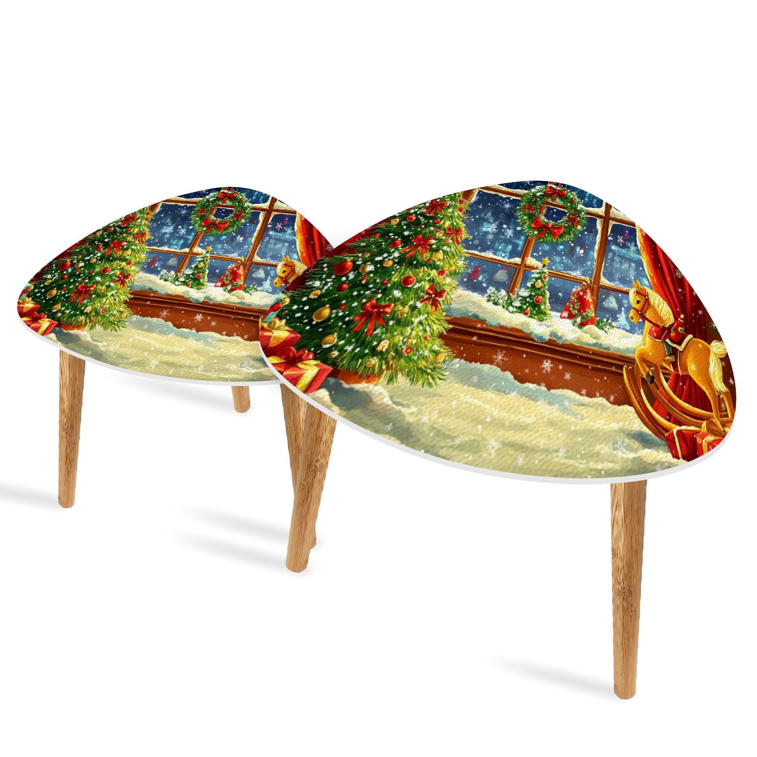 Set of 2 Triangle End Table Christmas Window Winter Merry Xmas Tree ...