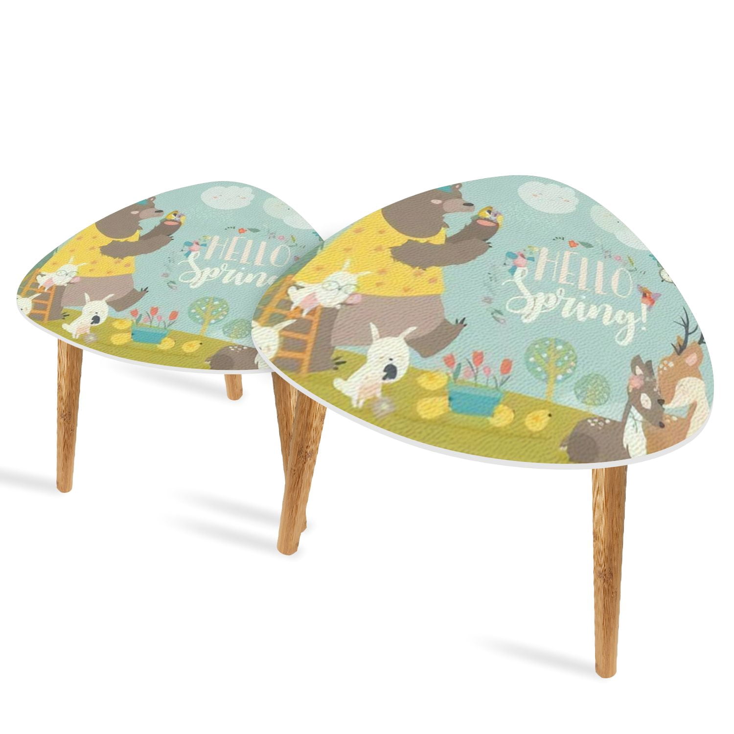 Set of 2 Triangle End Table Cute animals meeting spring forest Set of 2 ...