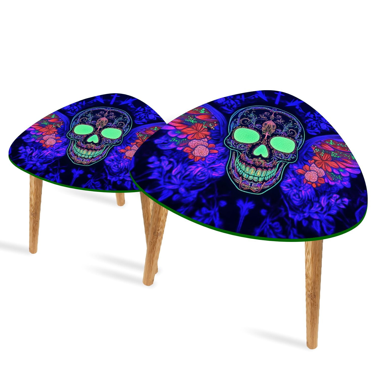 Set of 2 Triangle End Table Day Of Black Light Skull Church Skeleton ...
